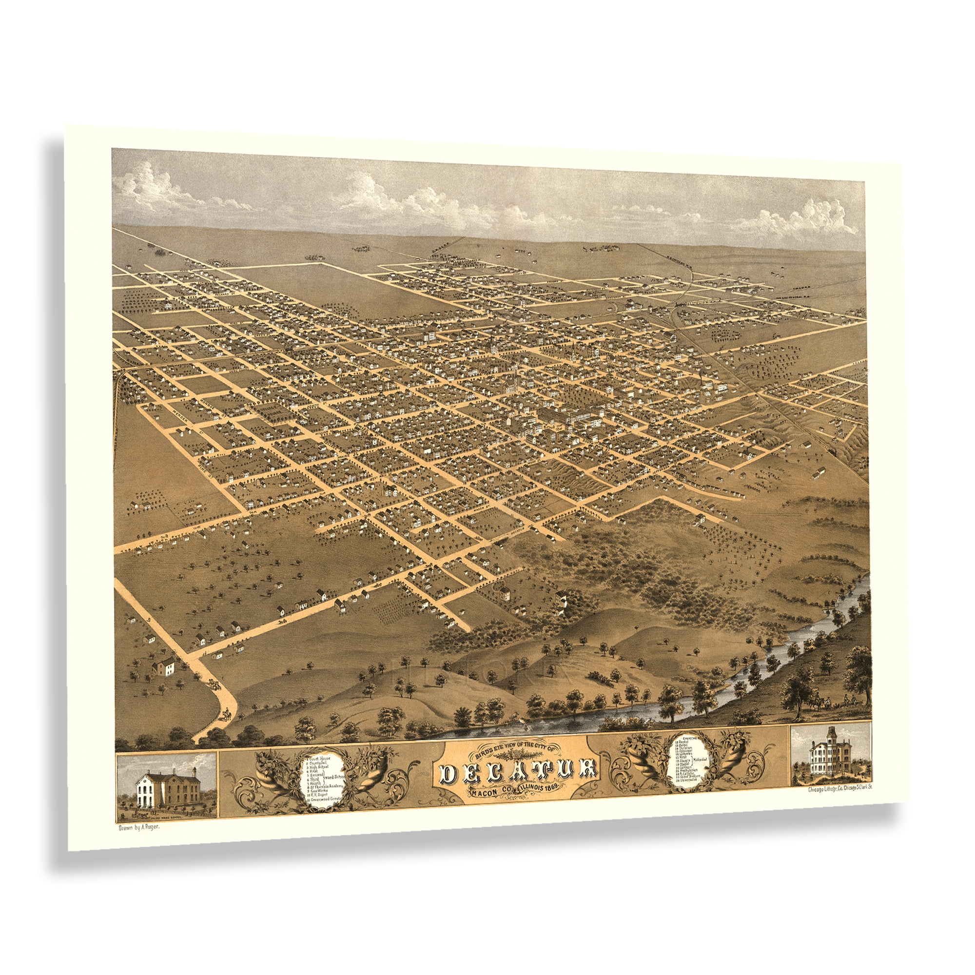 HISTORIX Vintage 1869 Decatur Illinois Map Poster - Vintage Bird's Eye ...