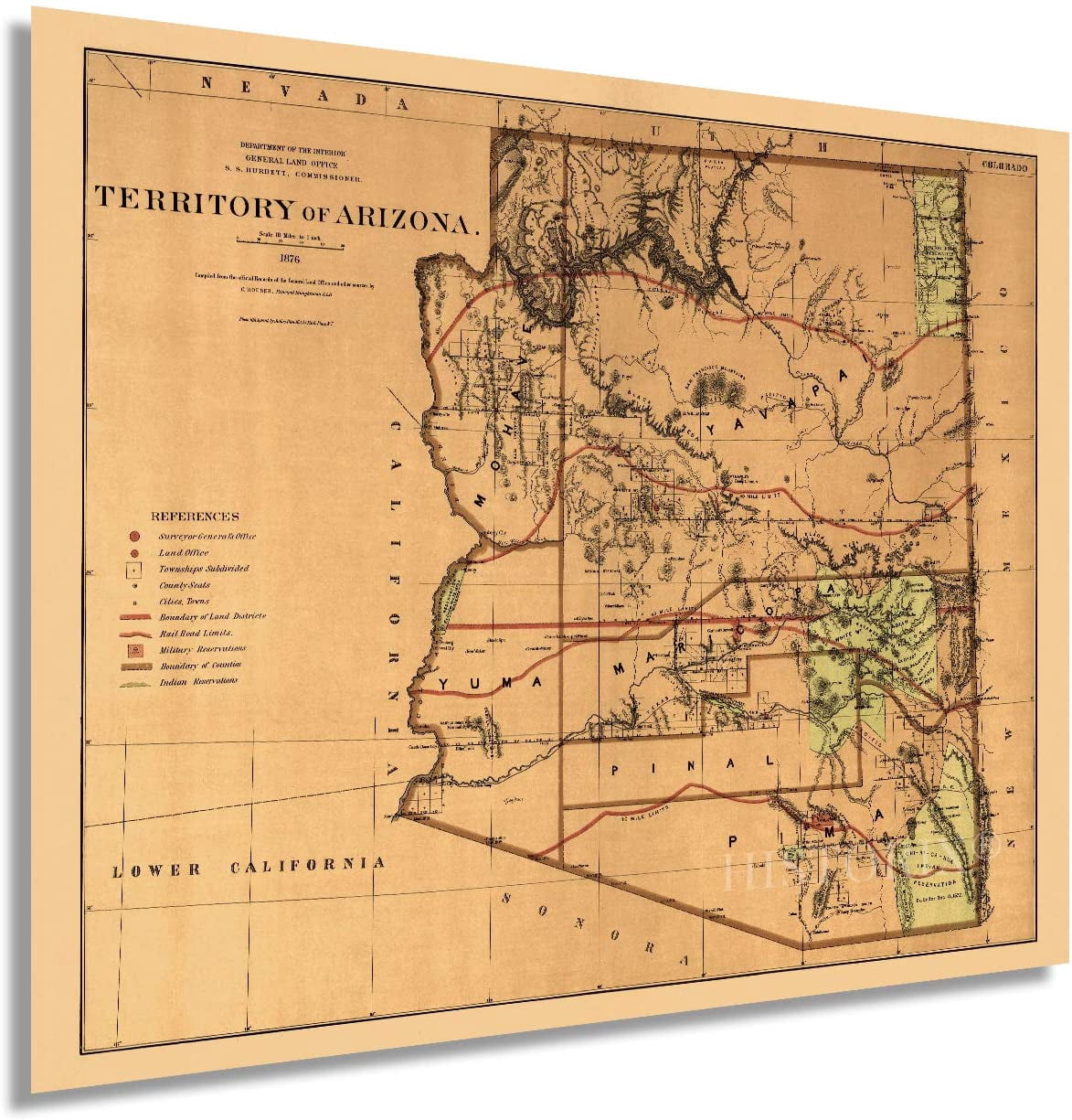 HISTORIX Vintage 1876 Arizona Territory Map - 24x30 Inch Vintage ...
