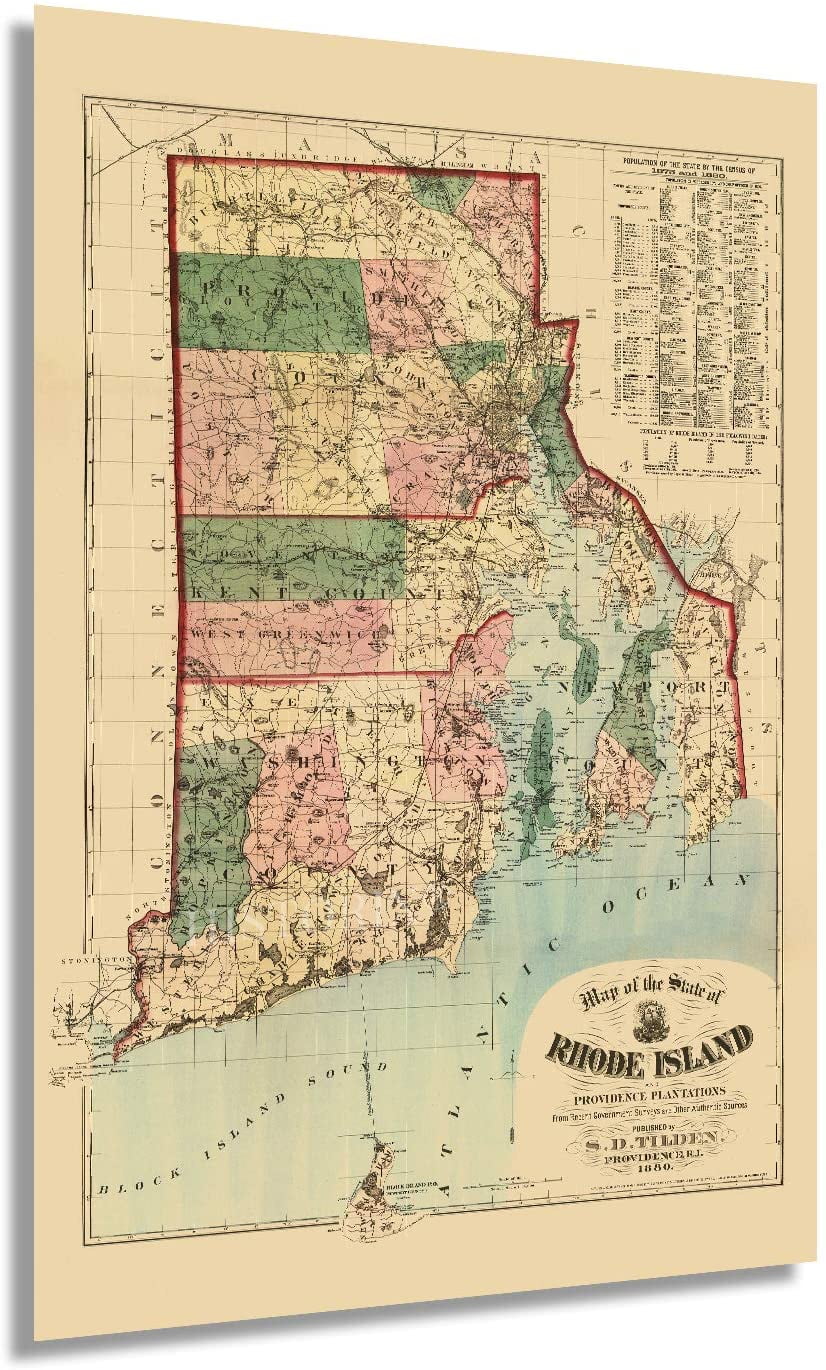 HISTORIX Vintage 1880 Rhode Island State Map - 24x36 Inch Vintage Map ...