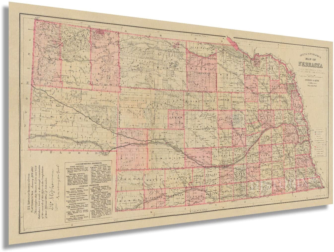 HISTORIX Vintage 1885 Nebraska Map - 12x24 Inch Vintage Map of Nebraska ...