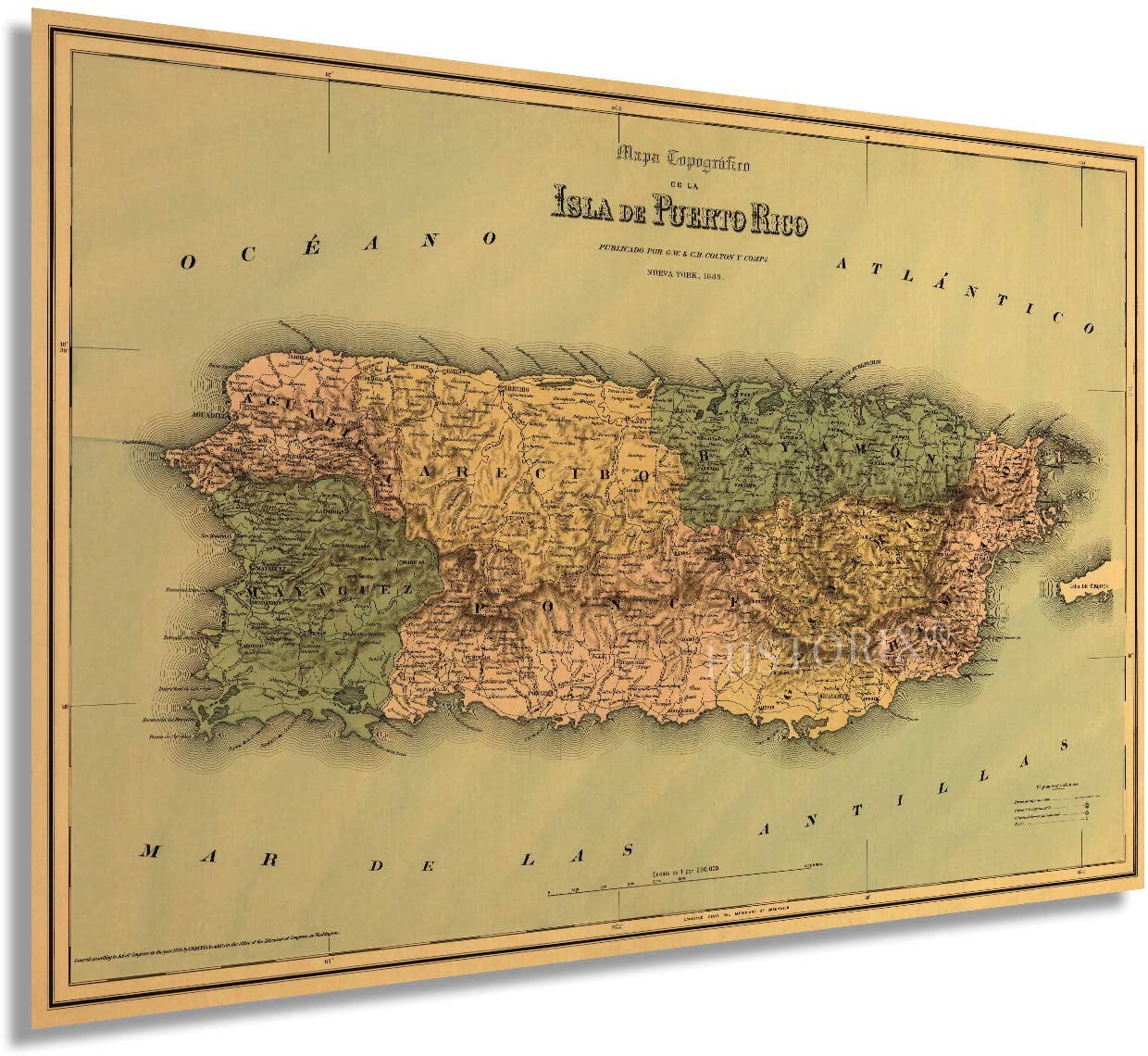 HISTORIX Vintage 1886 Puerto Rico Map Wall Art - 16x24 Inch Island Map ...