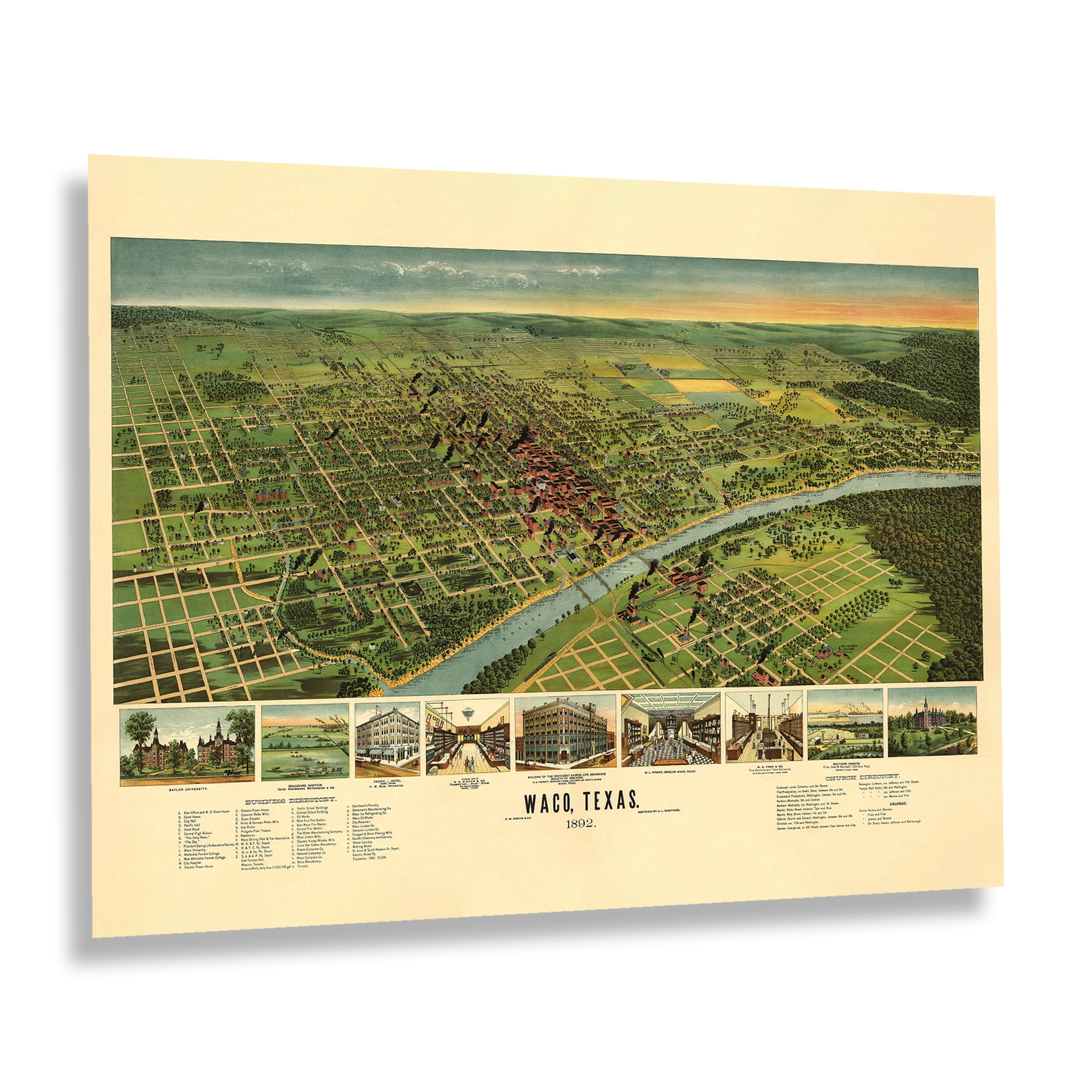 HISTORIX Vintage 1892 Waco Texas Map Print - 18x24 Inch Vintage Bird's ...