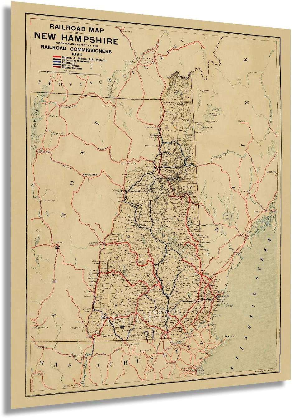 HISTORIX Vintage 1894 New Hampshire Map - 24x30 Inch Vintage Map of New ...