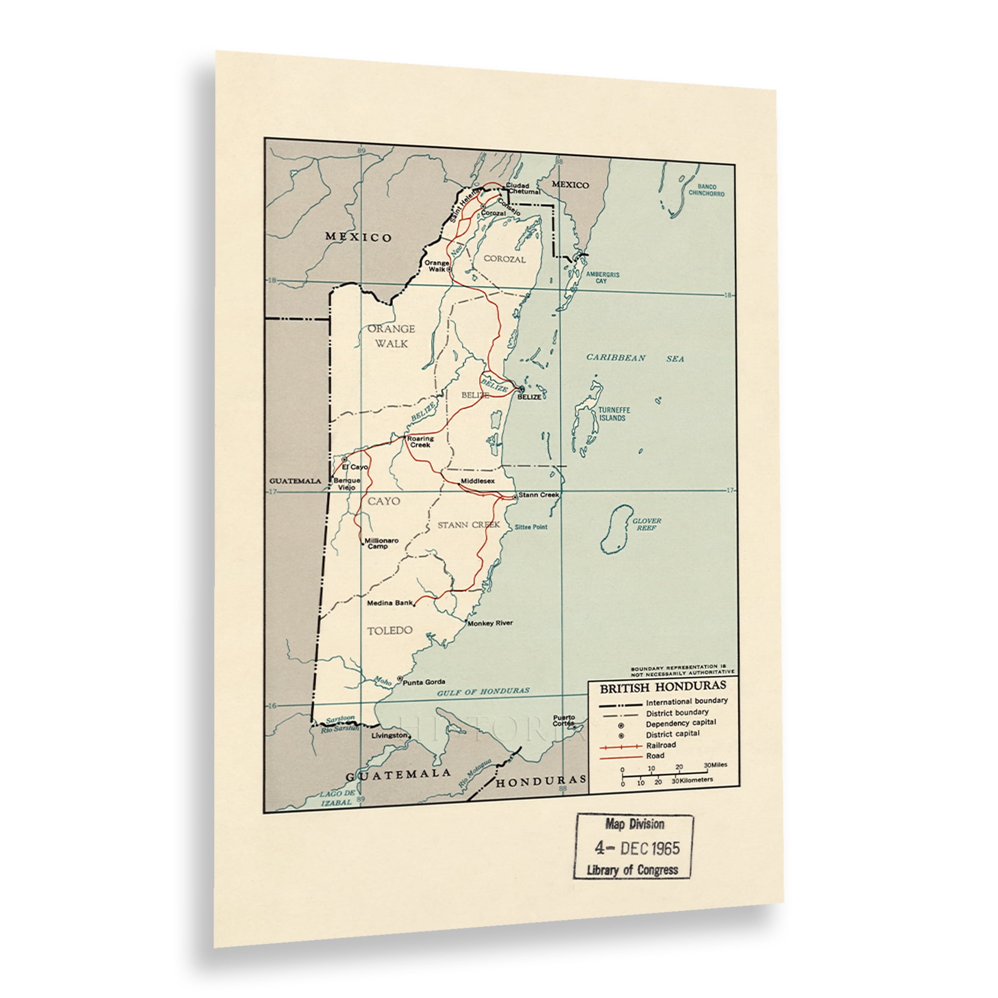 HISTORIX Vintage 1965 British Honduras Map Print - Vintage Road Map of ...