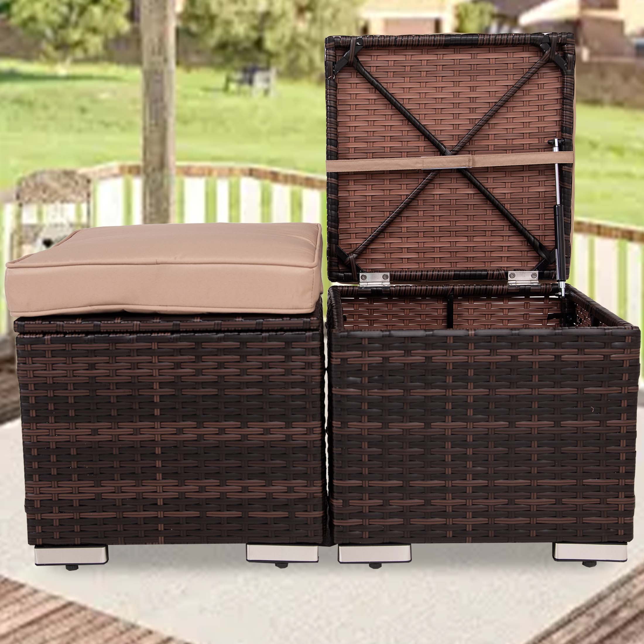 HISUKOY 2-Piece Outdoor Rattan Footstool with Storage with Sturdy Metal ...