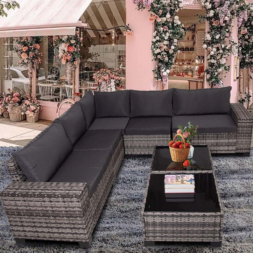 HISUKOY 7-Piece Modular Outdoor Sectional Wicker Patio Conversation Set ...