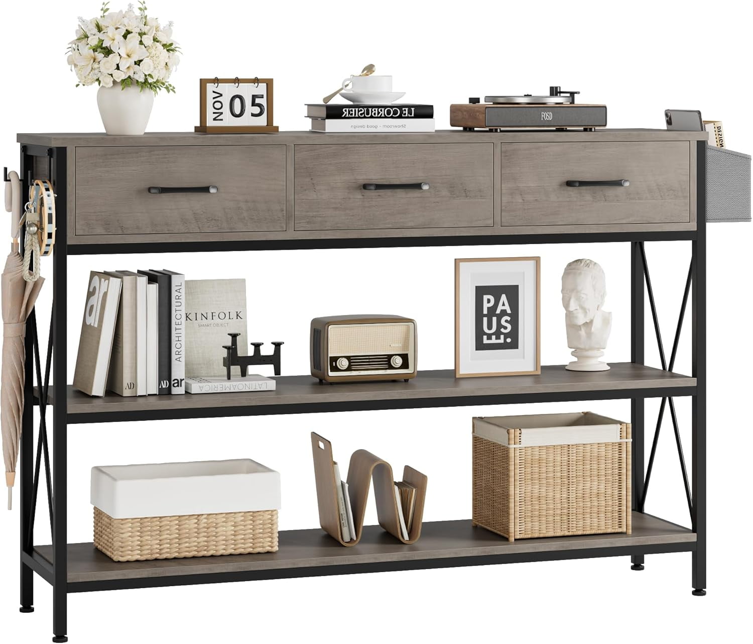 HITHOS 47.2" Long Console Table with 3 Drawers and 3-Tier Storage ...