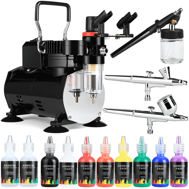 HITIK Professional Airbrush Kit with Compressor, 3 Guns, 8 Paints, Dual ...