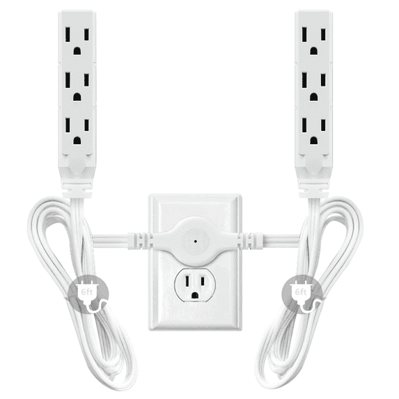 HITRENDS 12ft Twin Extension Cord, 6ft Each Side, 6 Outlets, Flat Plug ...