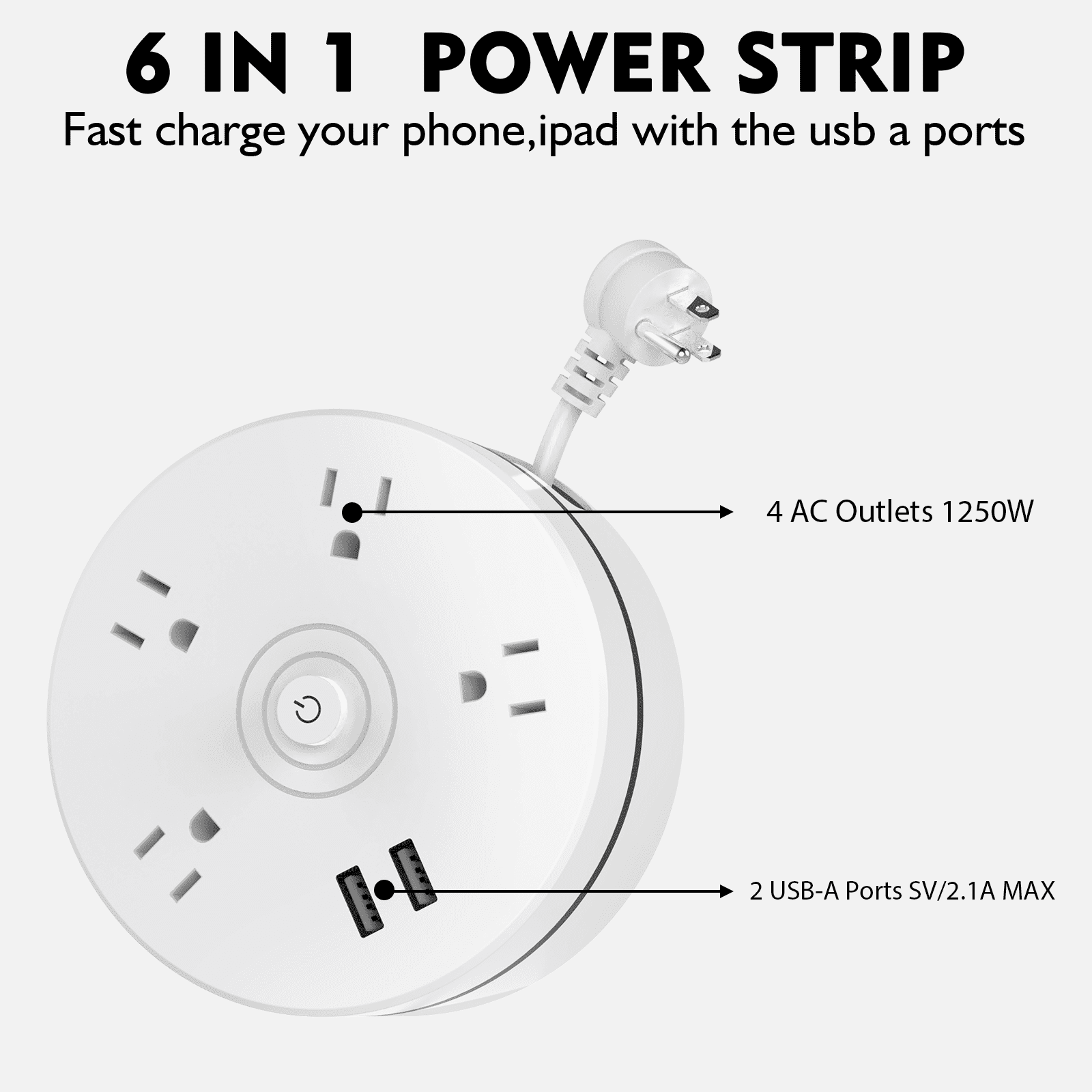 HITRENDS 6-in-1 power strip with 4 Outlets 4 USB Fast Charging 6-foot ...