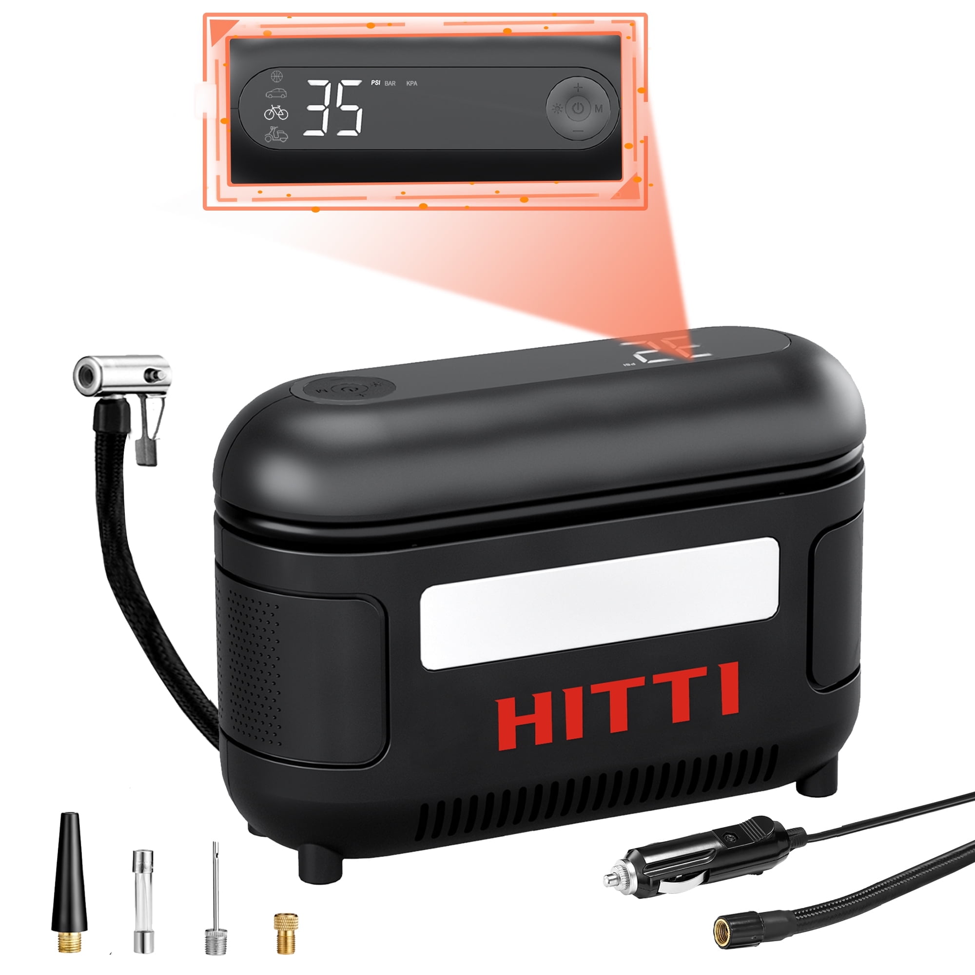 HITTI H6 Compact Tire Inflator, 12V DC, Digital Gauge, LED Light, 150 ...