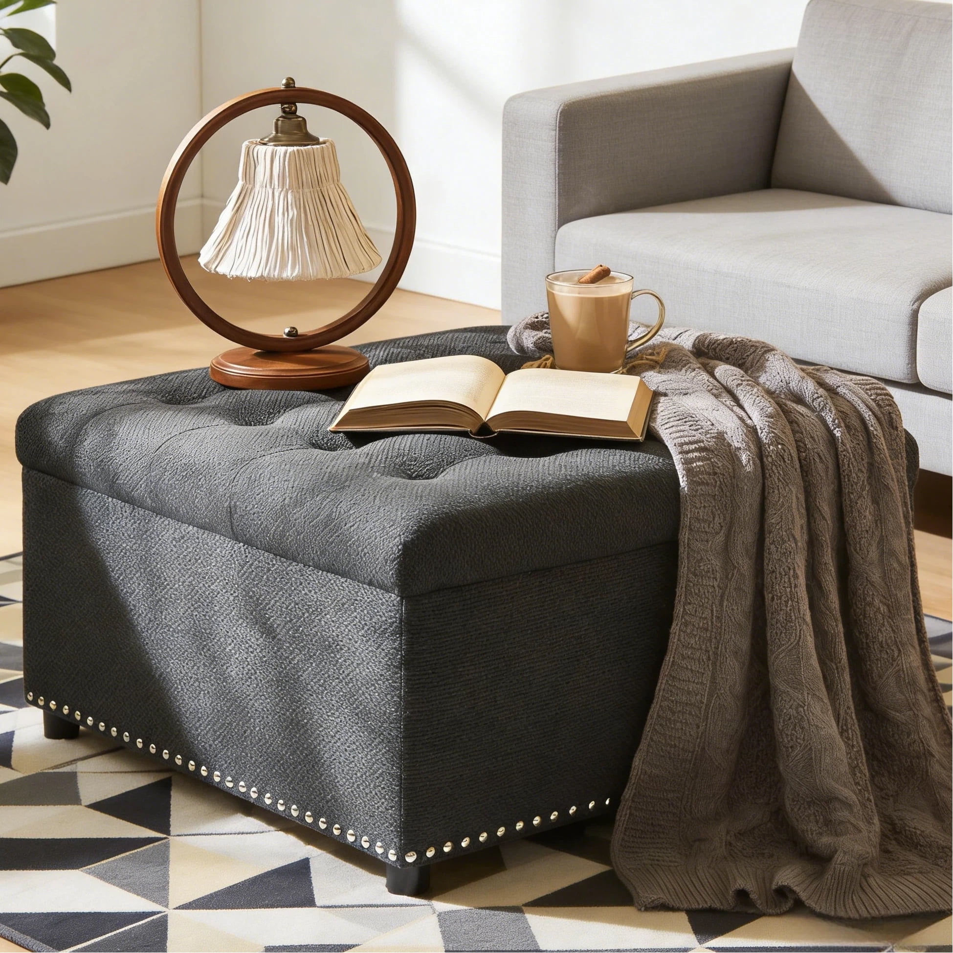 HIUU 30" Dark Gray Square Ottoman with Storage,Upholstered Ottoman ...