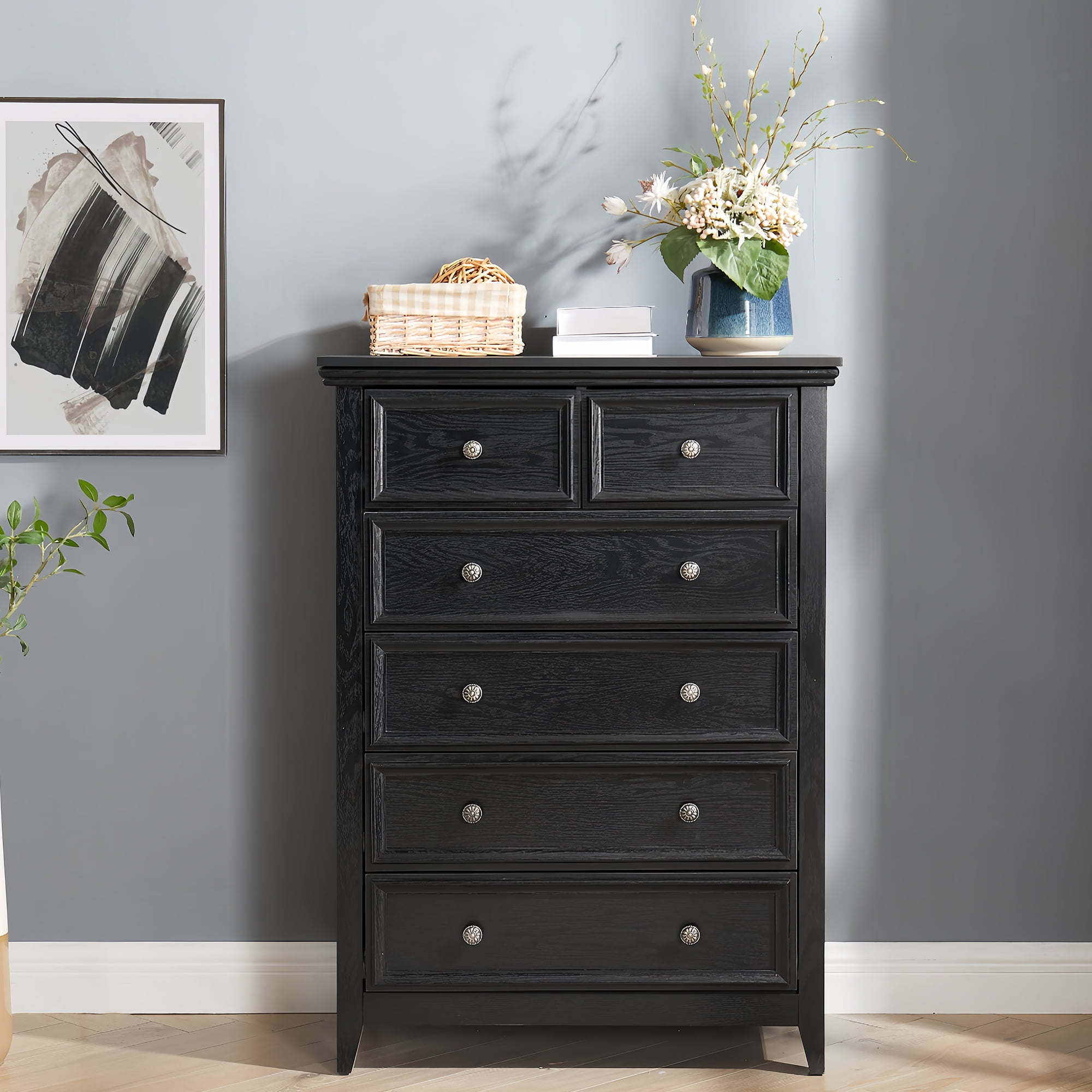 HIUU 6 Drawer Modern Dresser for Bedroom,Black Wooden Chest of Drawers with Metal Handle for ...