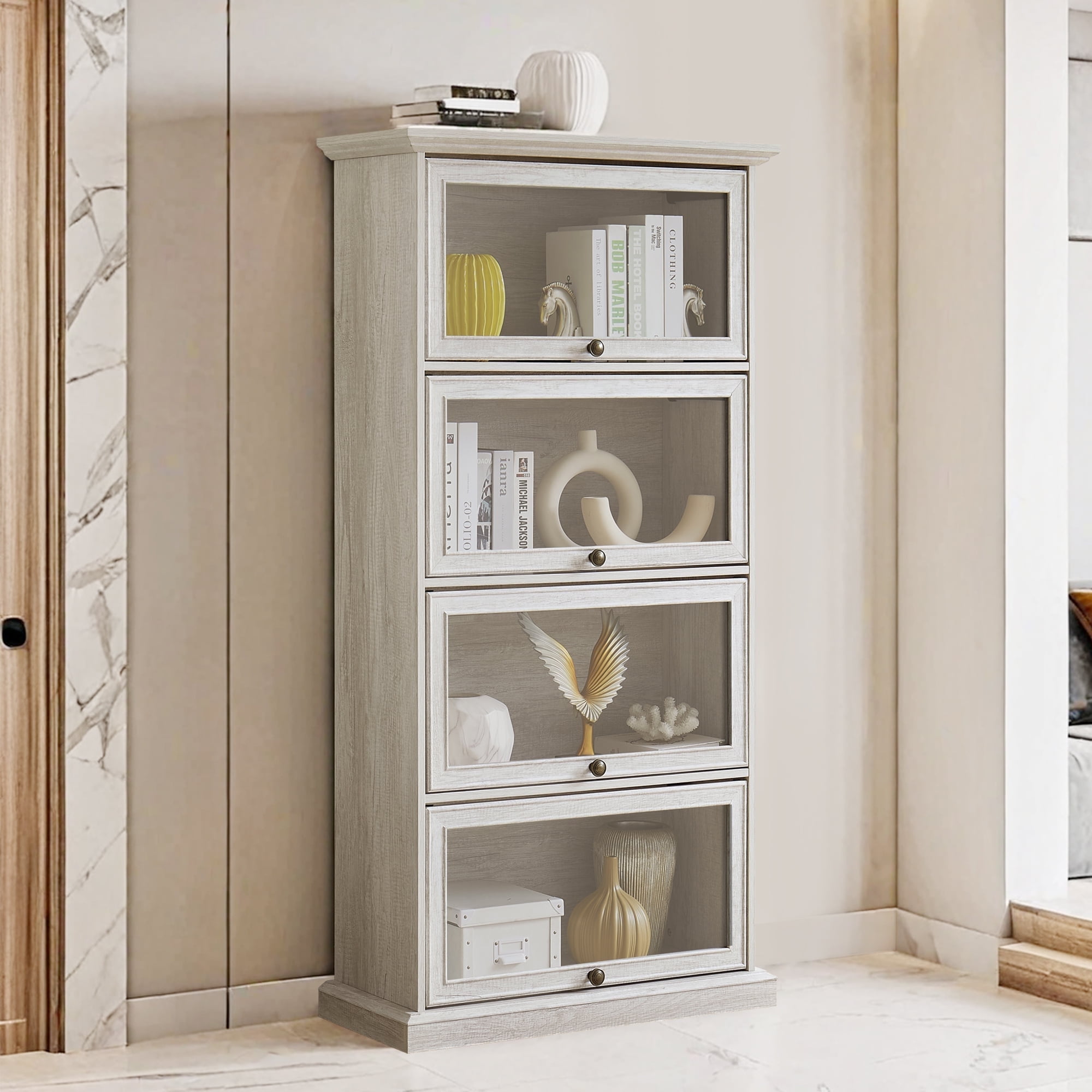 HIUU 63" H Tall Bookcase with Flip up Glass Doors,4-Tier Curio Display ...