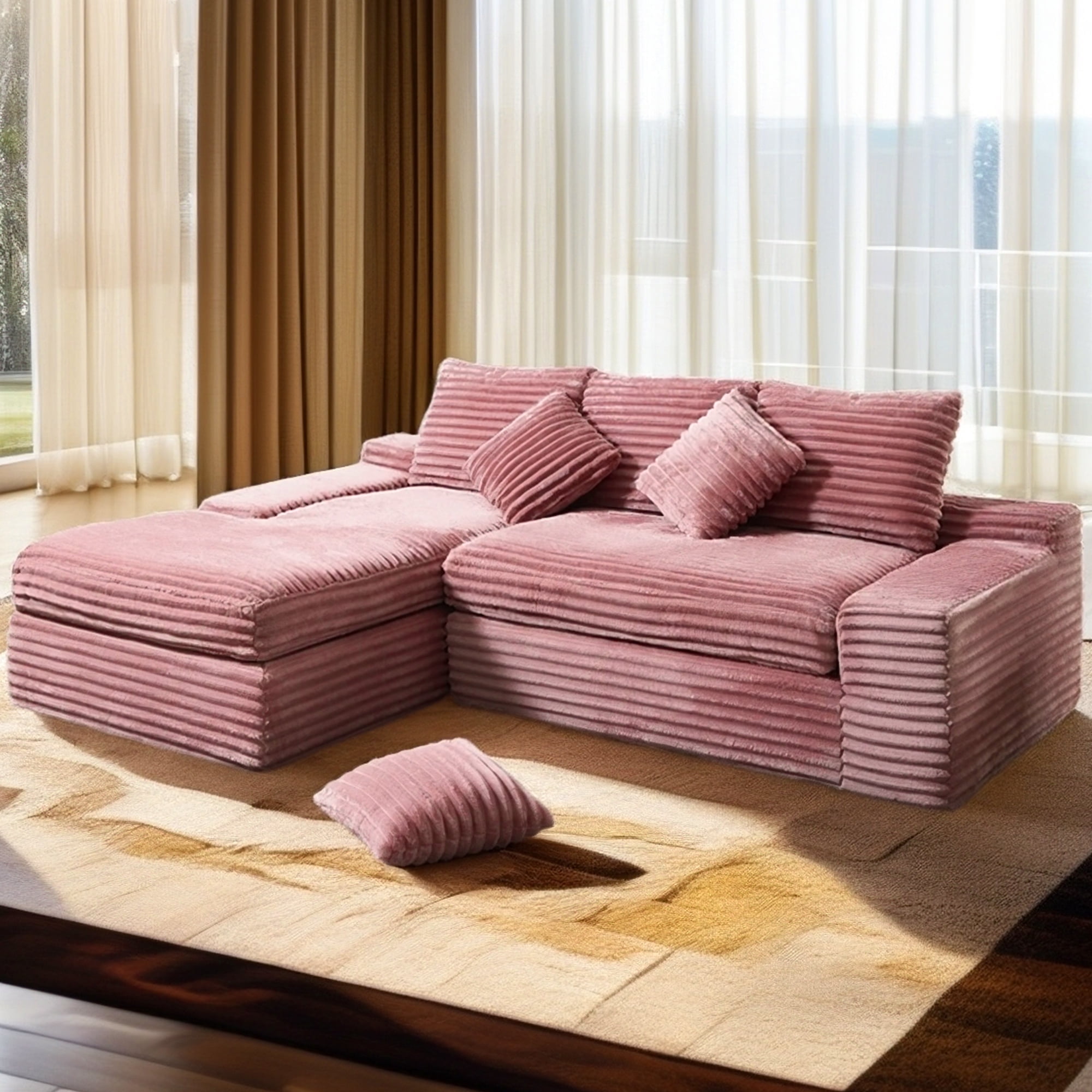 HIUU 98.4" Fluffy Large L Shaped Sofa with Deep Seat & Comfy Chaise,Pink L Shaped Chenille Couch ...