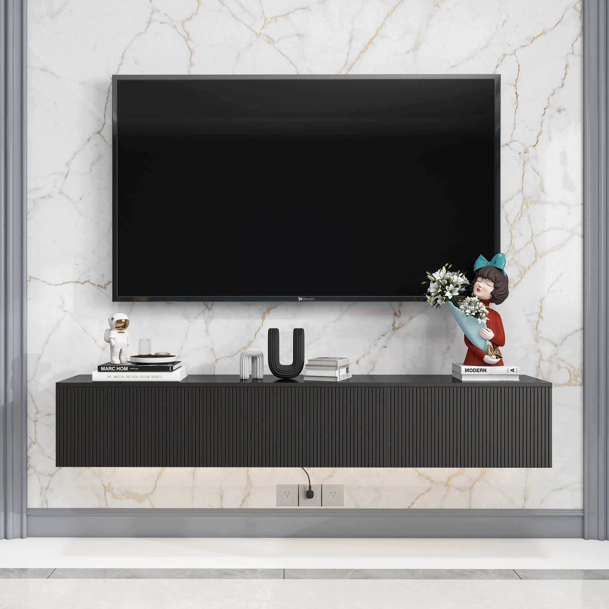 HIUU Black Floating TV Stand Wall Mounted,Floating Entertainment Center with Fluted Doors,Mesa ...