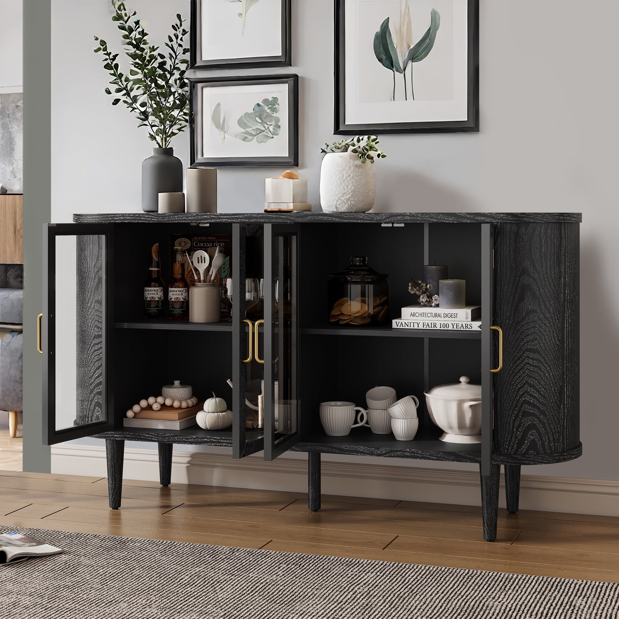 HIUU Black Sideboard,Farmhouse Wood Sideboard Buffet Cabinet with Storage,60” Coffee Bar Cabinet ...