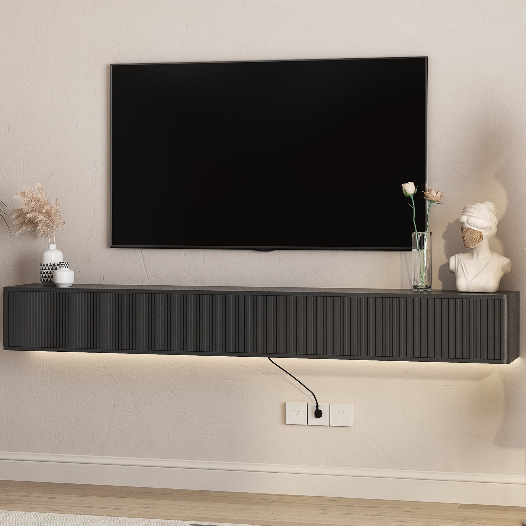 HIUU Black TV Stand with Storage,Wall Mounted TV Stand with Led Lights ...