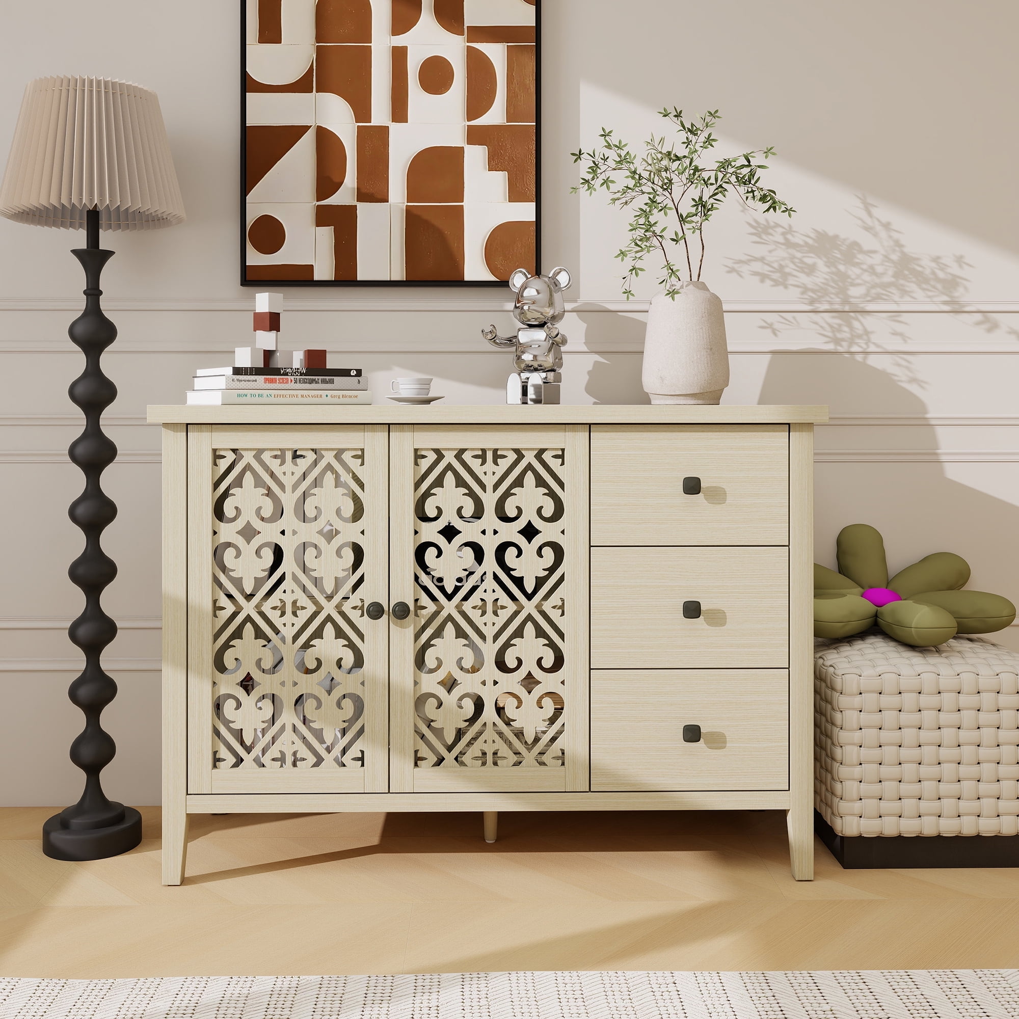 HIUU Boho Sideboard Cabinet,Wood Credenza Storage Cabinet with Drawers,Hollow Carved Accent ...