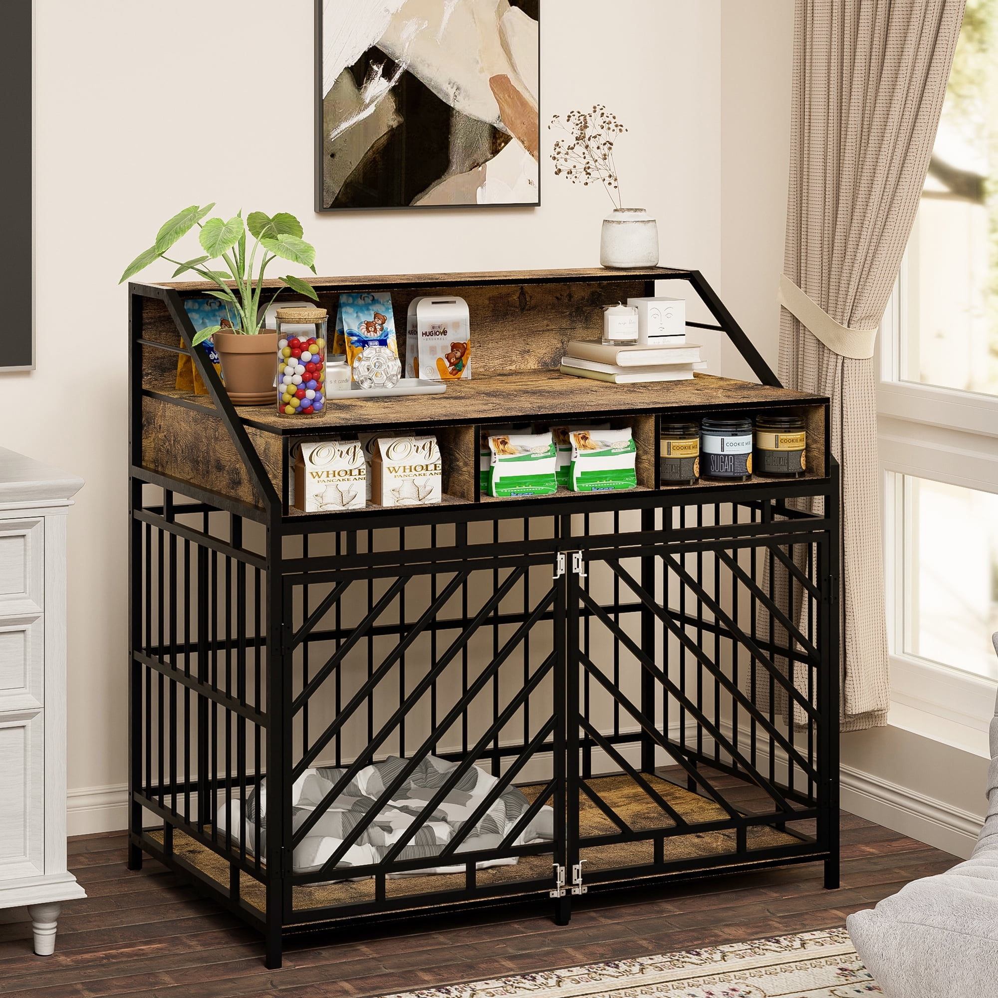 HIUU Brown Wooden Dog Crate - Industrial Style with Large Storage Table and Double Storage Table ...
