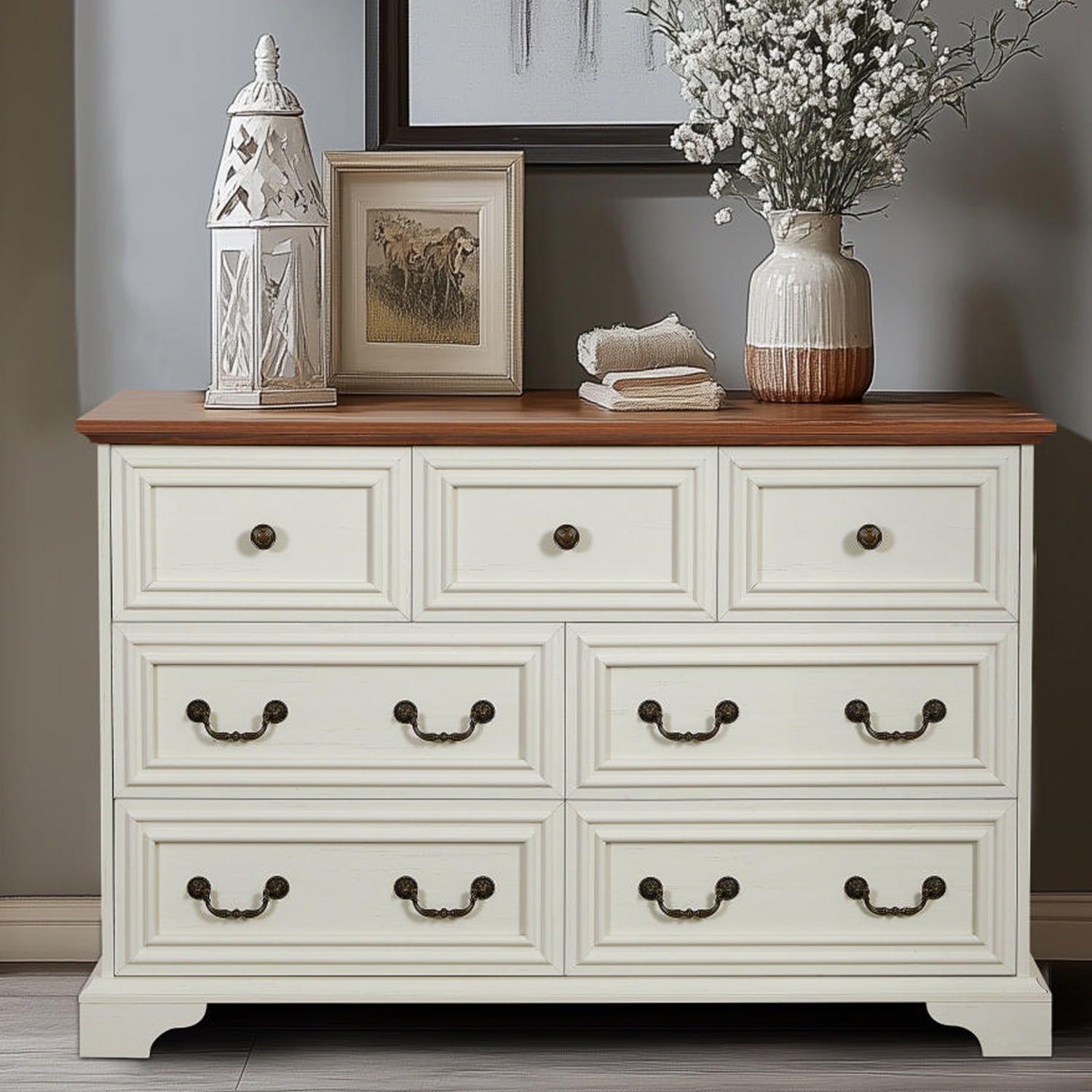 HIUU Farmhouse 7 Drawers Dresser for Bedroom, Rustic Chest of Drawers Natural Texture, Vintage ...