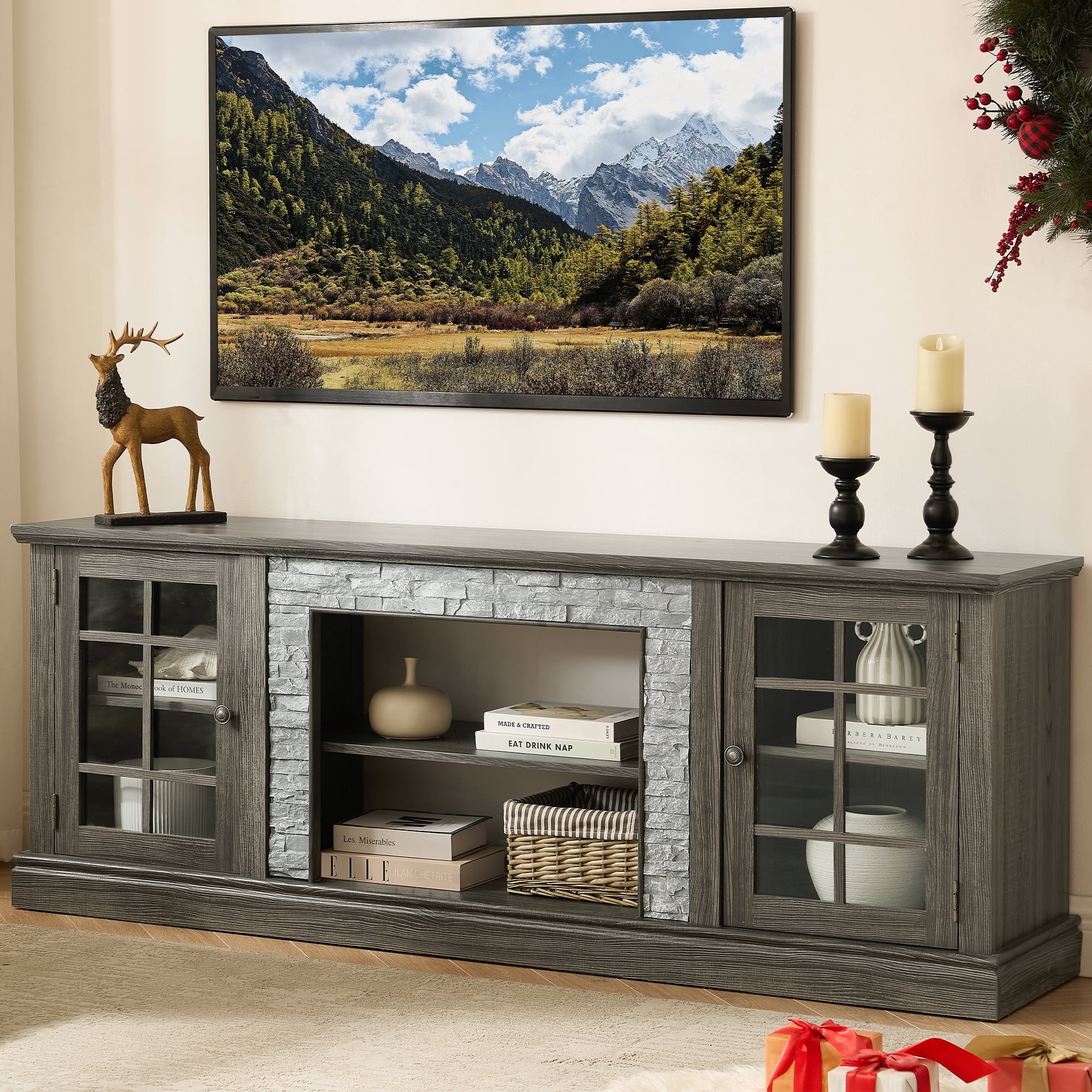 HIUU Farmhouse Gray TV Stands for Living Room,Faux Stone Media Console ...