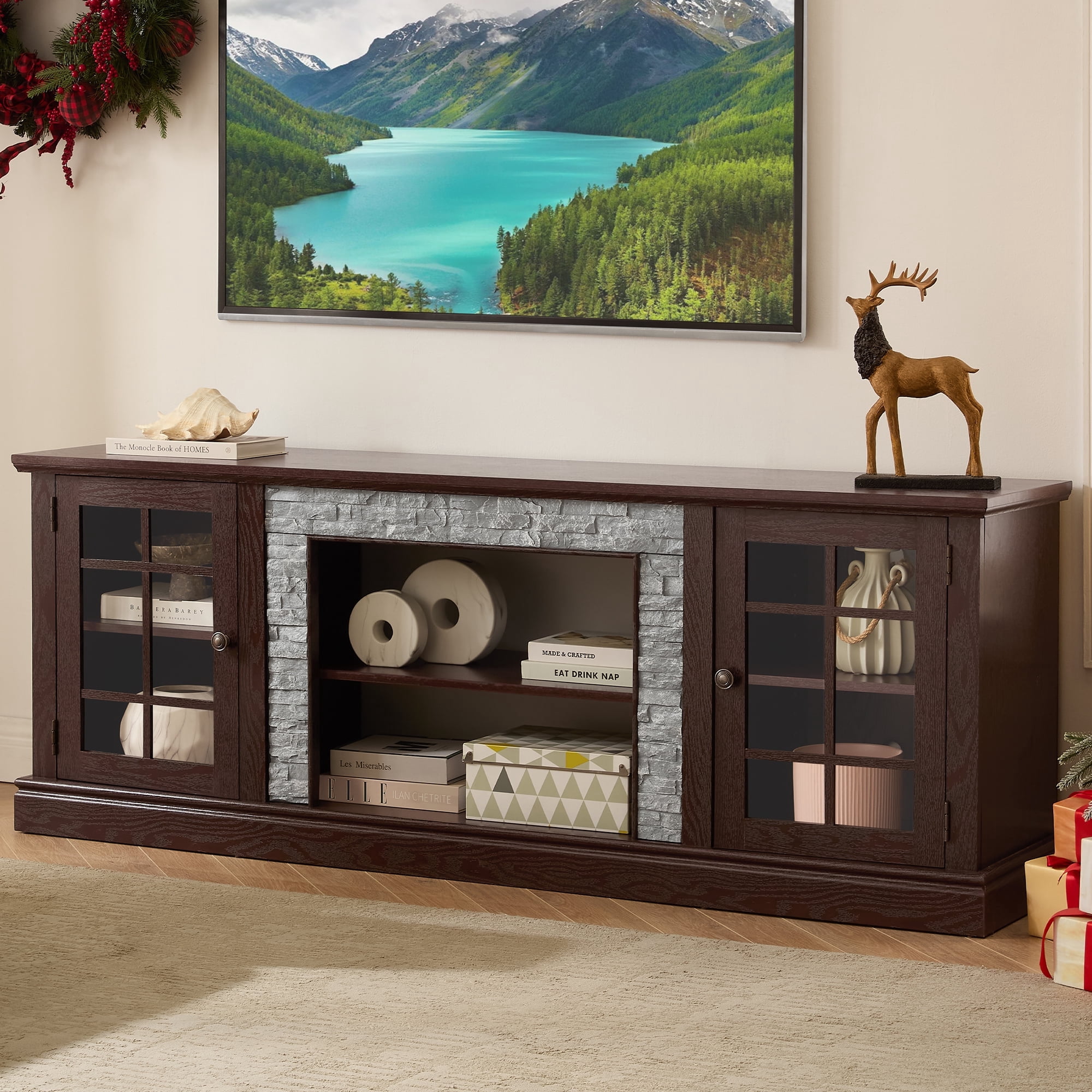 HIUU Farmhouse TV Stand with Storage,Faux Stone Entertainment Center ...