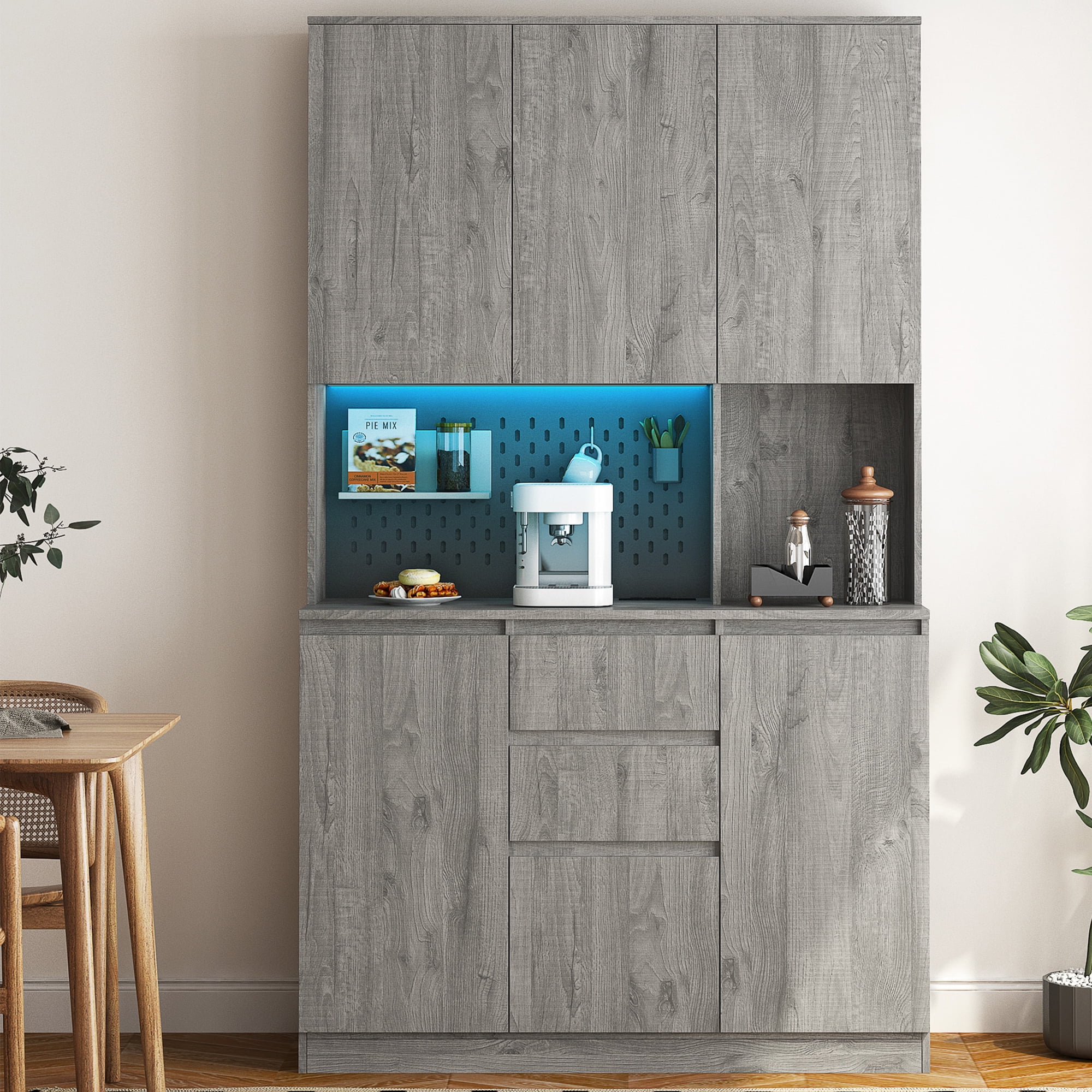 HIUU Grey Buffet Cabinet Storage with Drawers and Microwave Stand with Charge Station and LED ...
