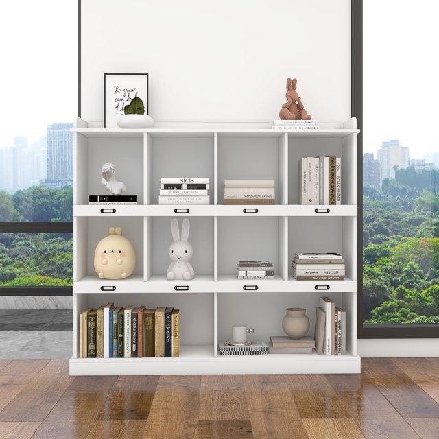 HIUU Modern White Bookshelf with 10 Compartments,Wood Bookcase for ...