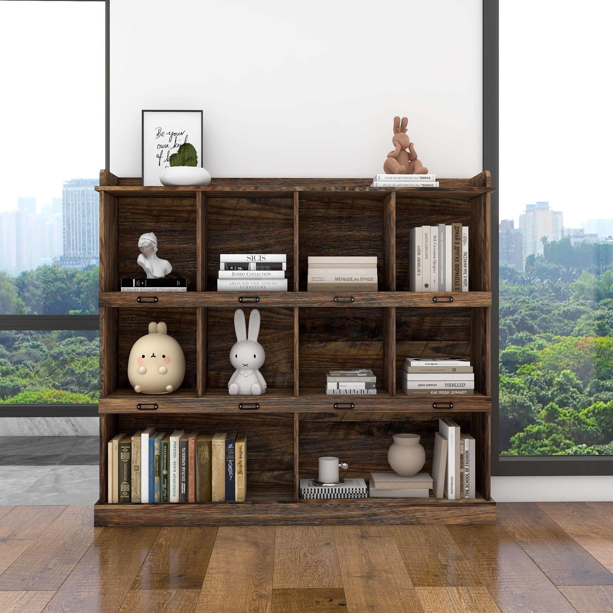 HIUU Modern Wood Grain Grey Bookshelf with 10 Compartments,Wood Open ...