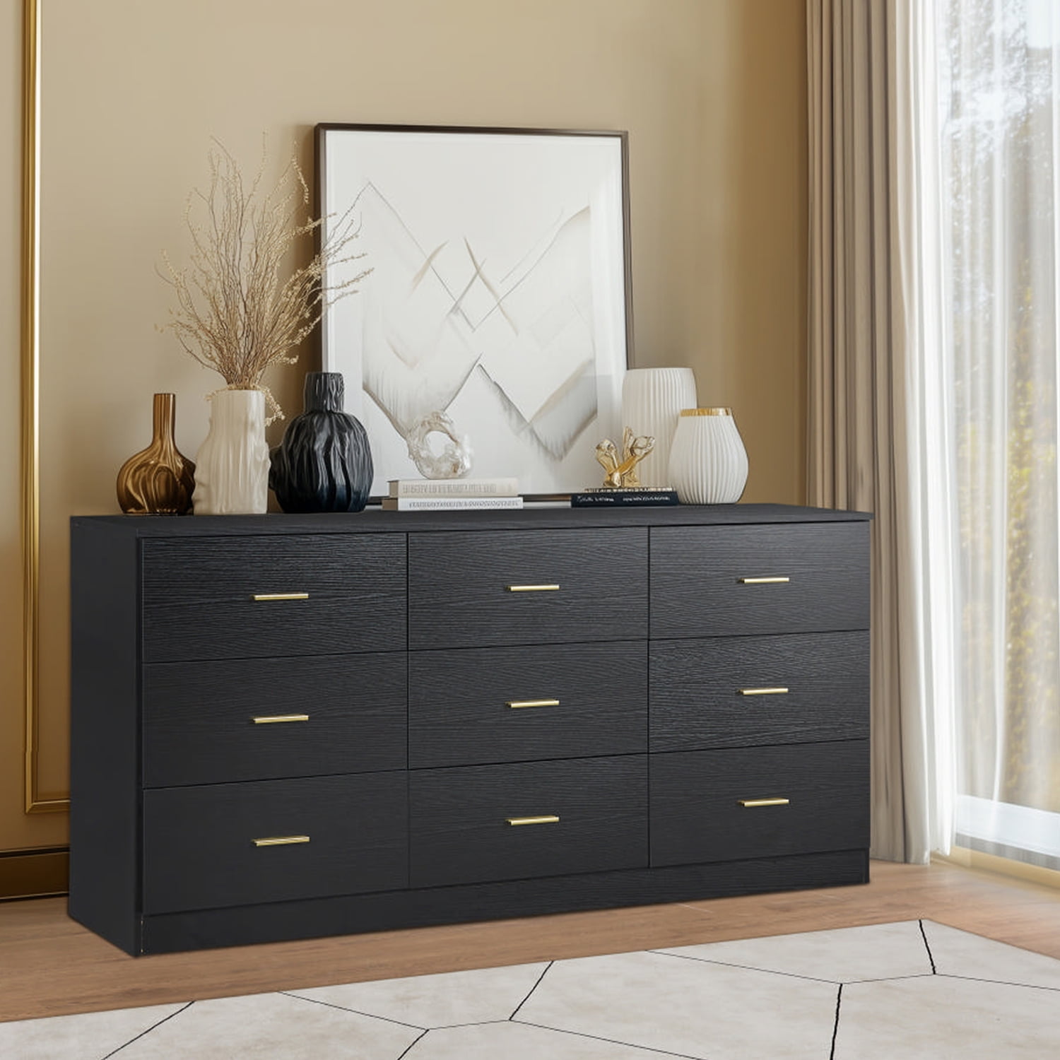 HIUU Modren 9 Drawers Dresser,63 Inch Wide Wood Dressers & Chest of Drawers Gold handle for ...