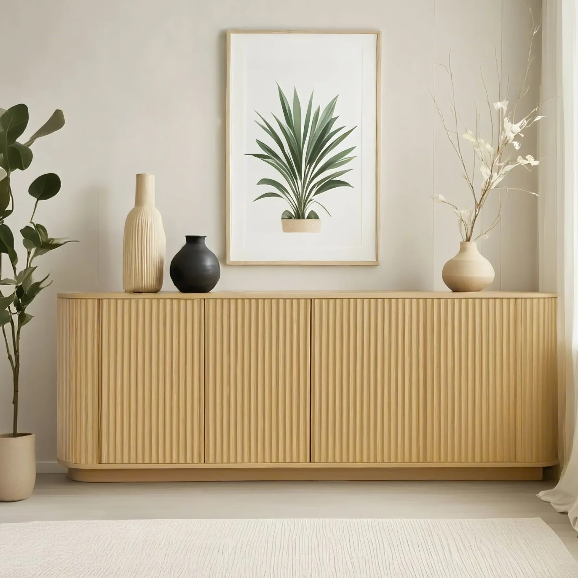 HIUU Natural Fluted Sideboard Cabinet,Modern Wood Sideboard with Doors And Shelves,TV Cabinet ...