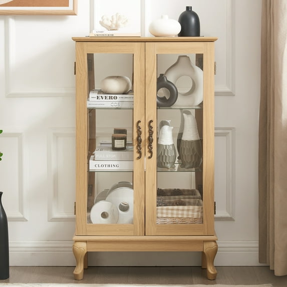 HIUU Oak Curio Cabinet with Glass Doors,43"H Lighted Display Case with ...