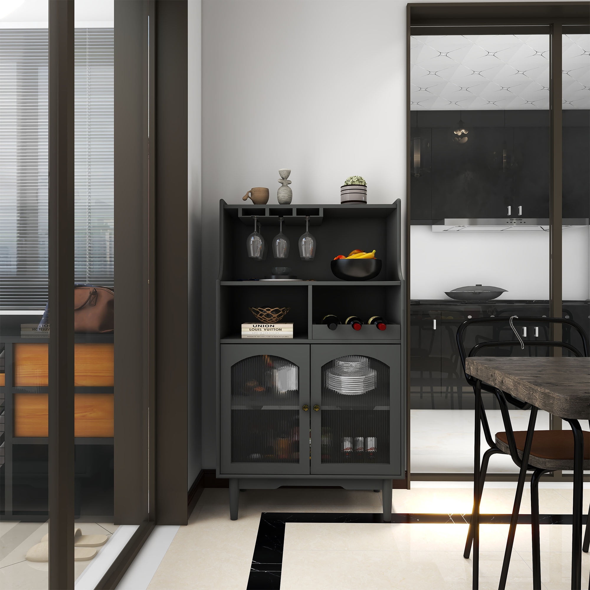 HIUU Retro Coffee Bar Cabinet with Glass Doors,Liquor Cabinet with Wine ...