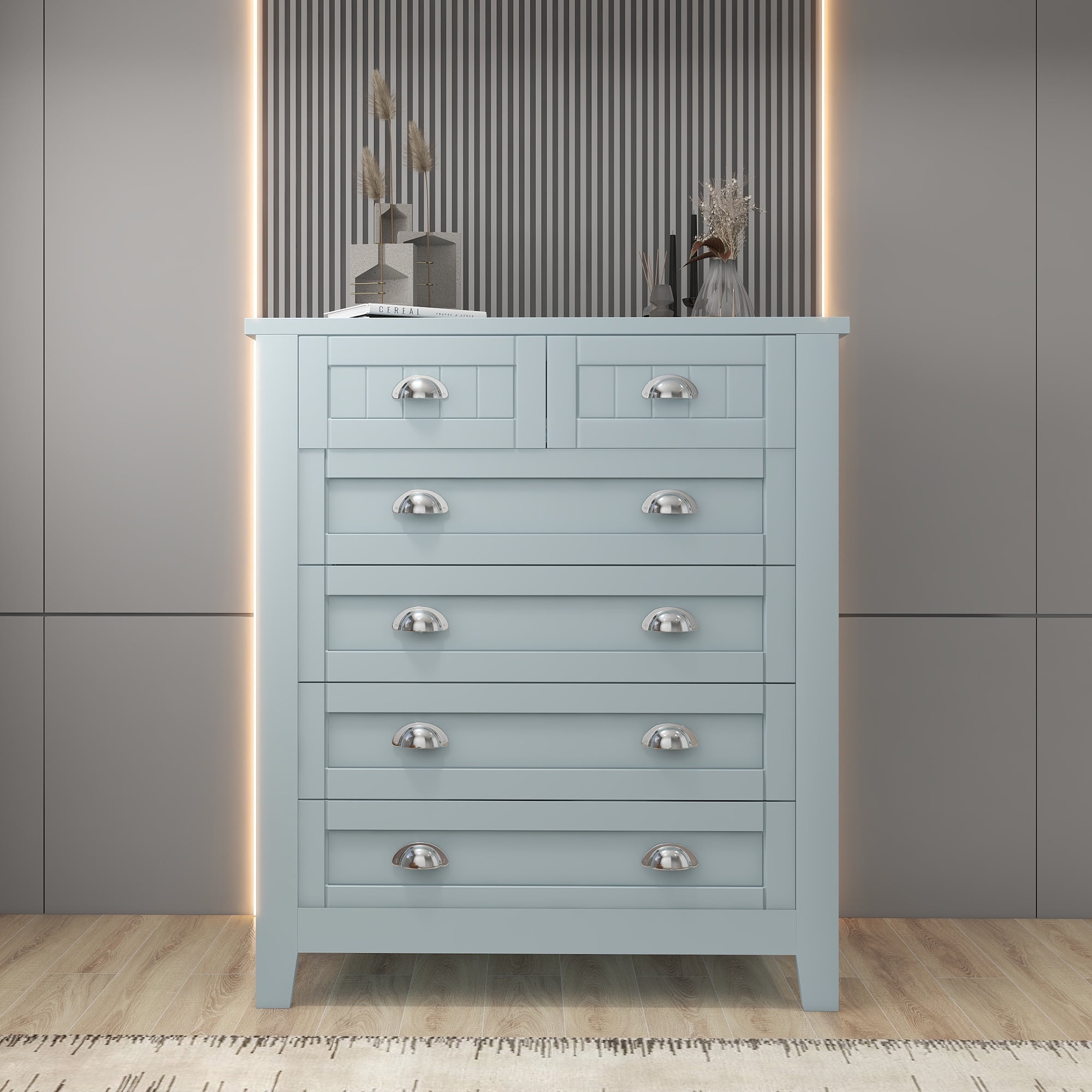 HIUU Tall 6 Drawer Dresser, Retro Mint Bedroom Chest with Shell Handles ...