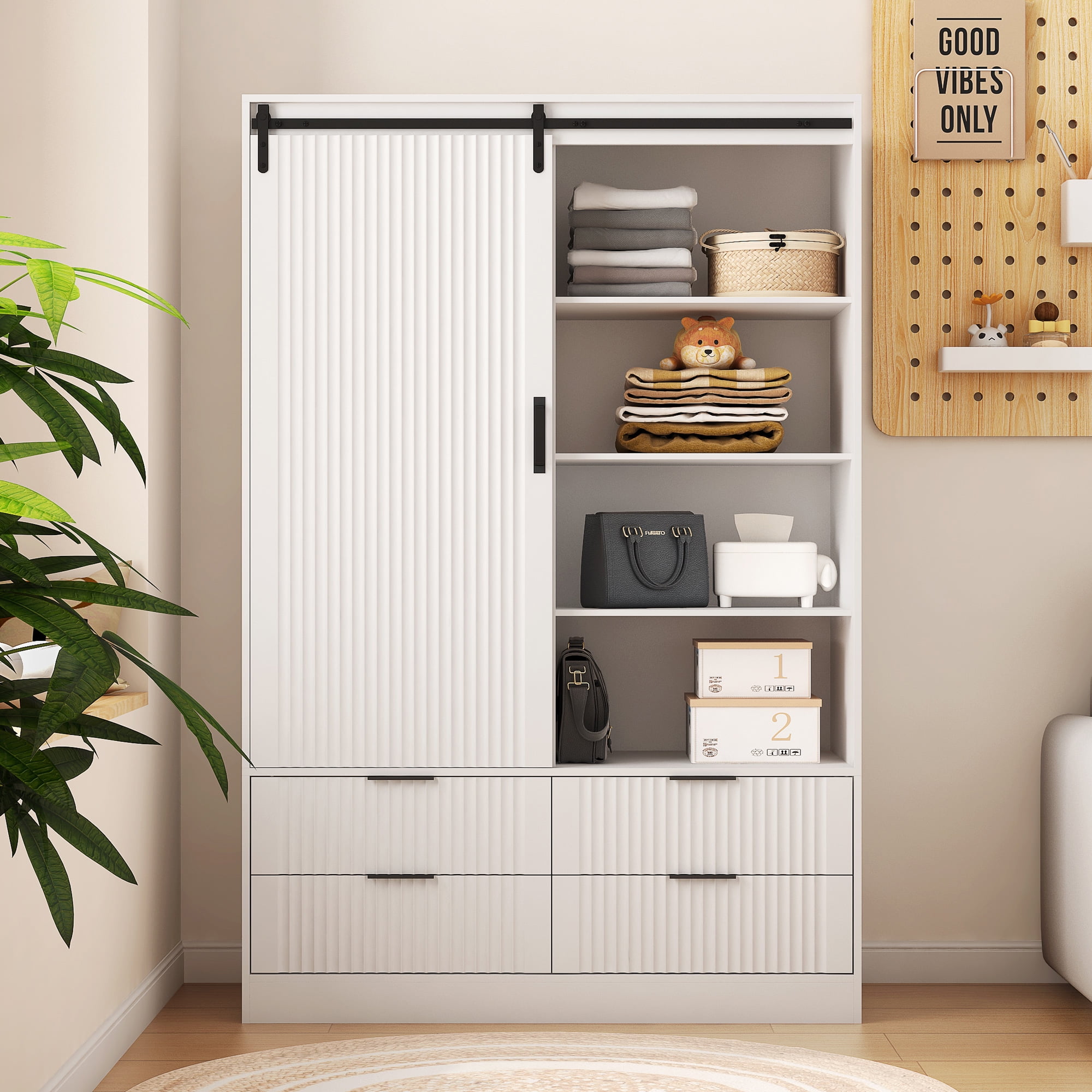 HIUU White Fluted Wardrobe Closet with 4 Drawers, Adjustable Shelves ...