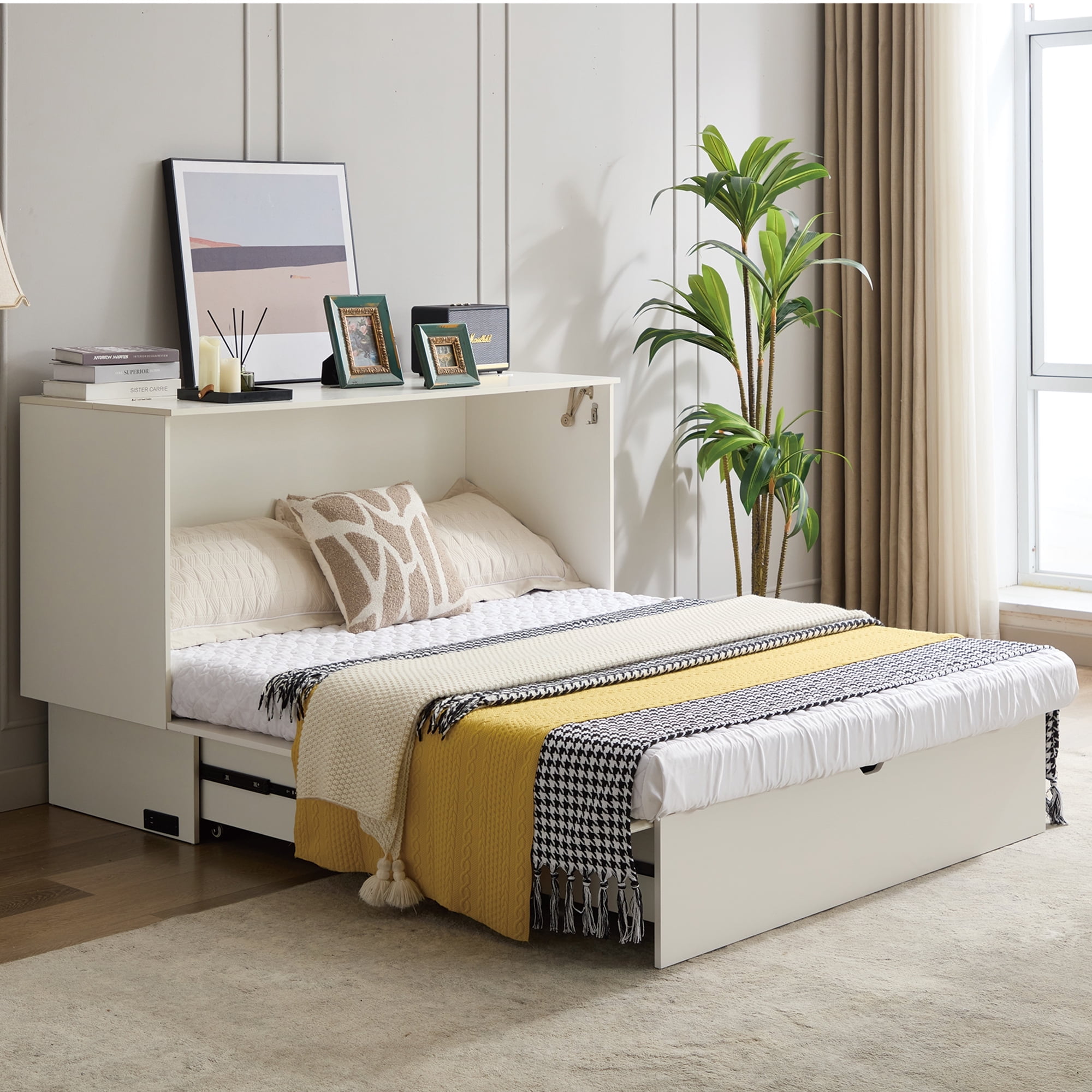 HIUU White Wooden Murphy Bed Cabinet Foldable Bed with Mattress and Storage Drawers,Murphy Bed ...
