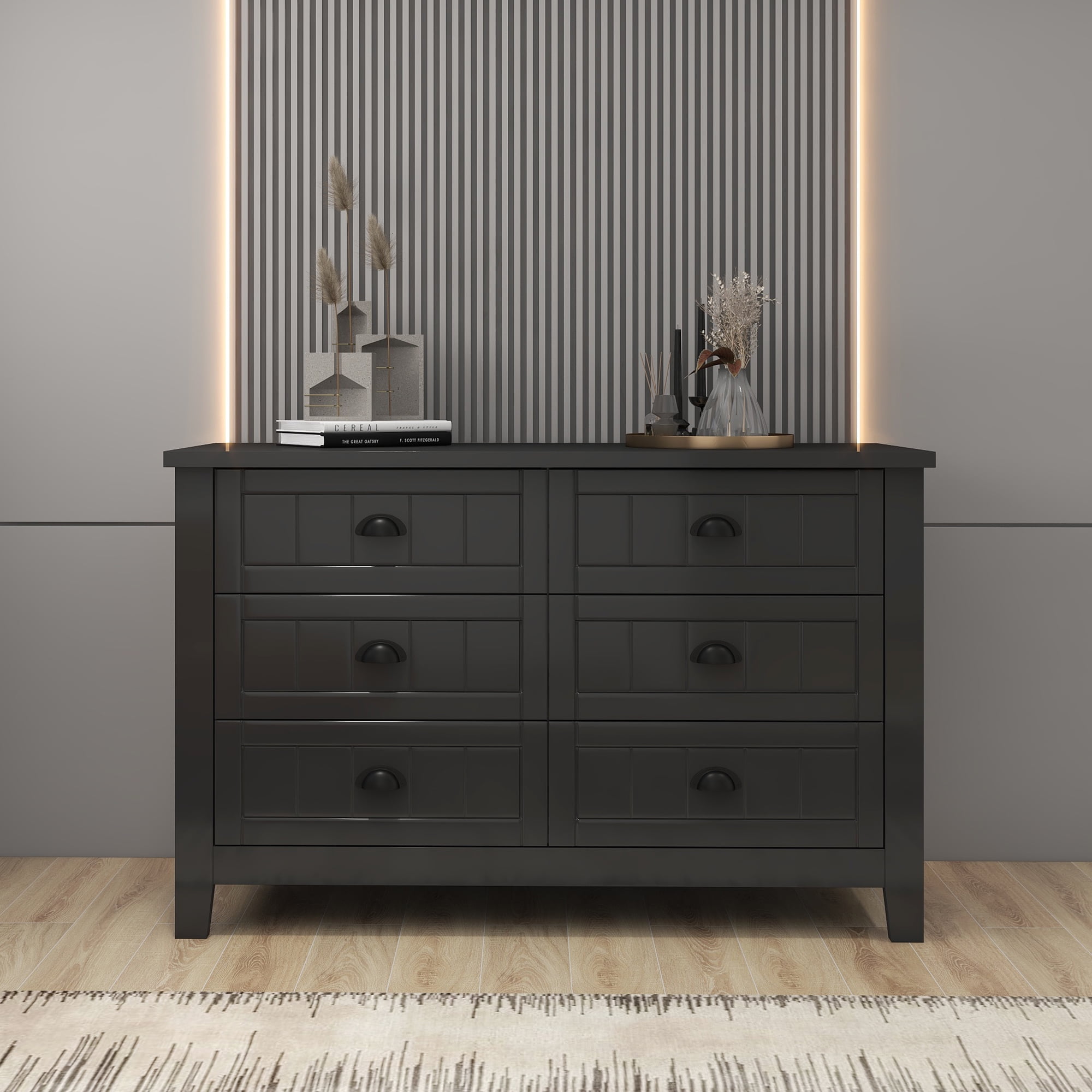 HIUU Wood 6 Drawer Dresser,Mid Century Modern Chest of Drawers for ...