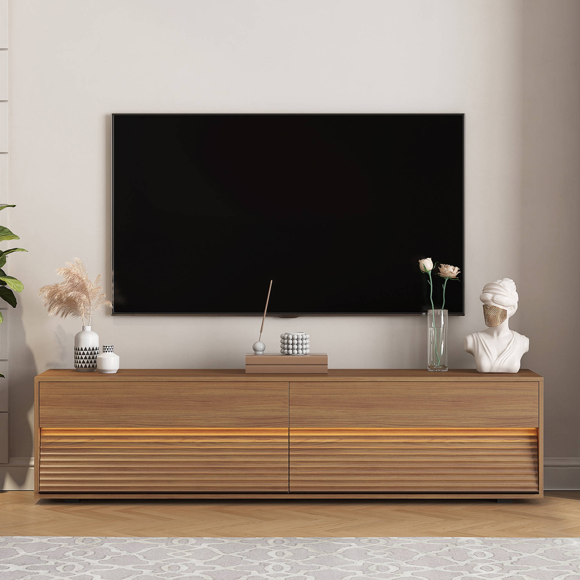 HIUU Wood Fluted TV Stand with 2 Drawers Storage,TV Consoles for Living ...
