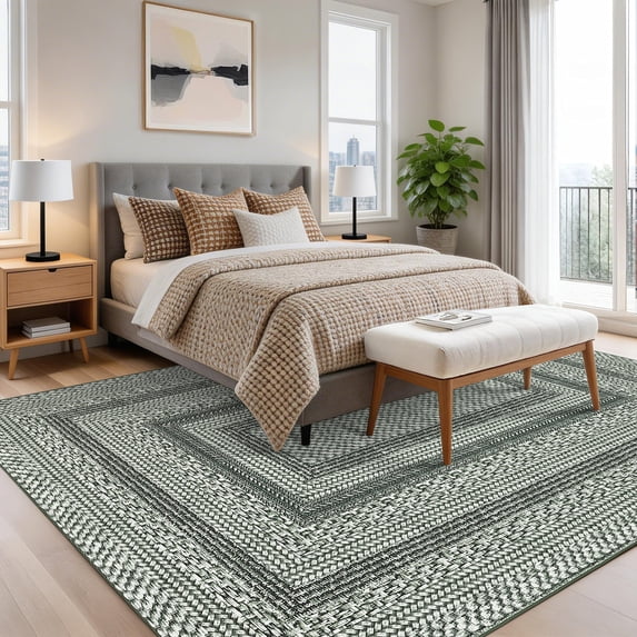 HIWEAVER 9' x 12' Green Area Rug for Living Room Washable Bordered ...