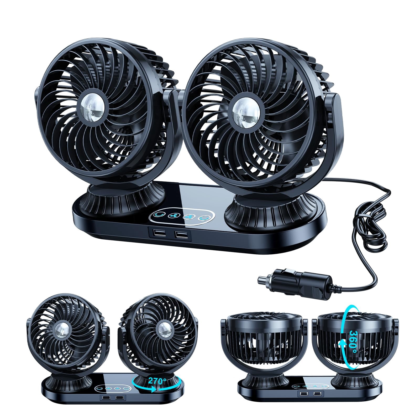 HIYJEN Dual Head Auto Oscillating Car Cooling Fan Dashboard, DC 12V ...
