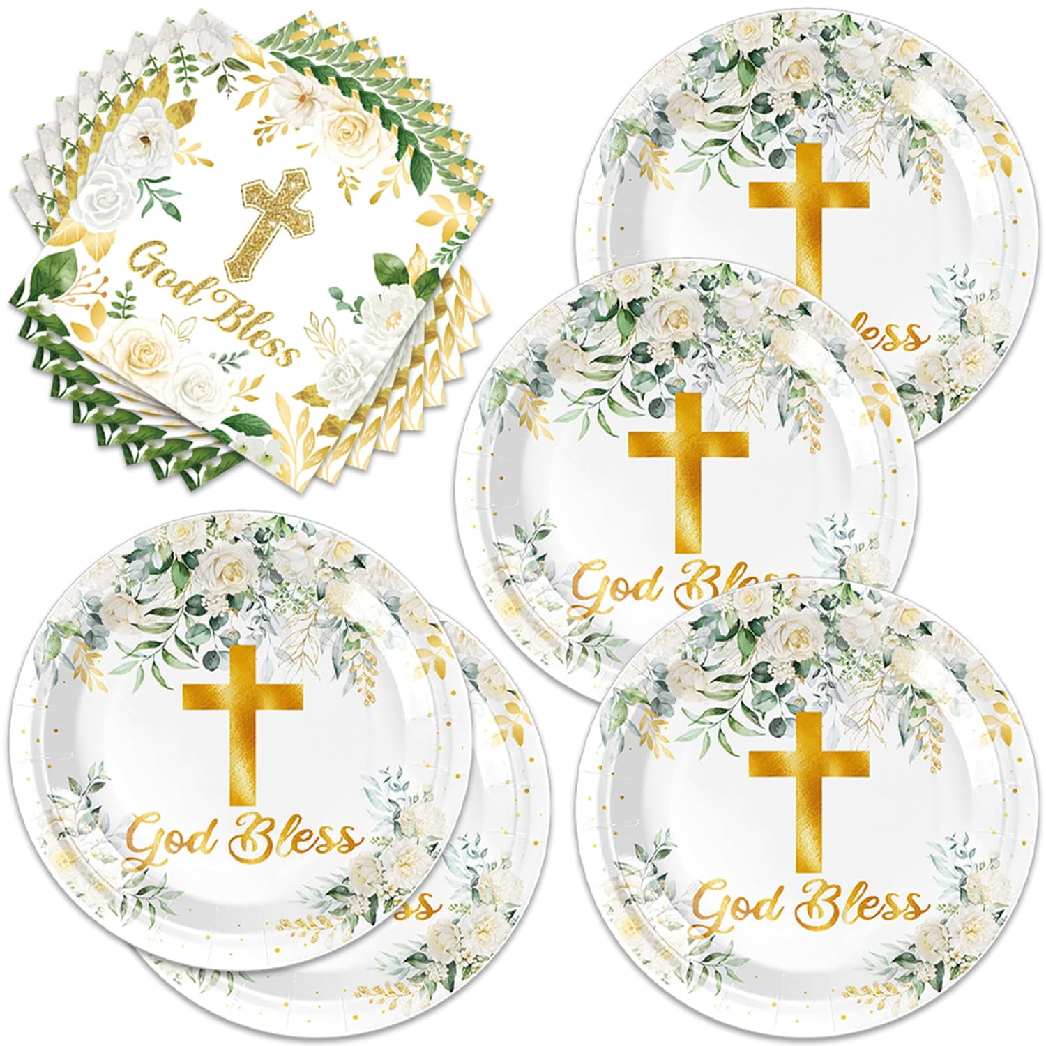 HJAOJIAO 40pcs God Bless MMF7 Plates and Napkins Baptism Tableware Set ...