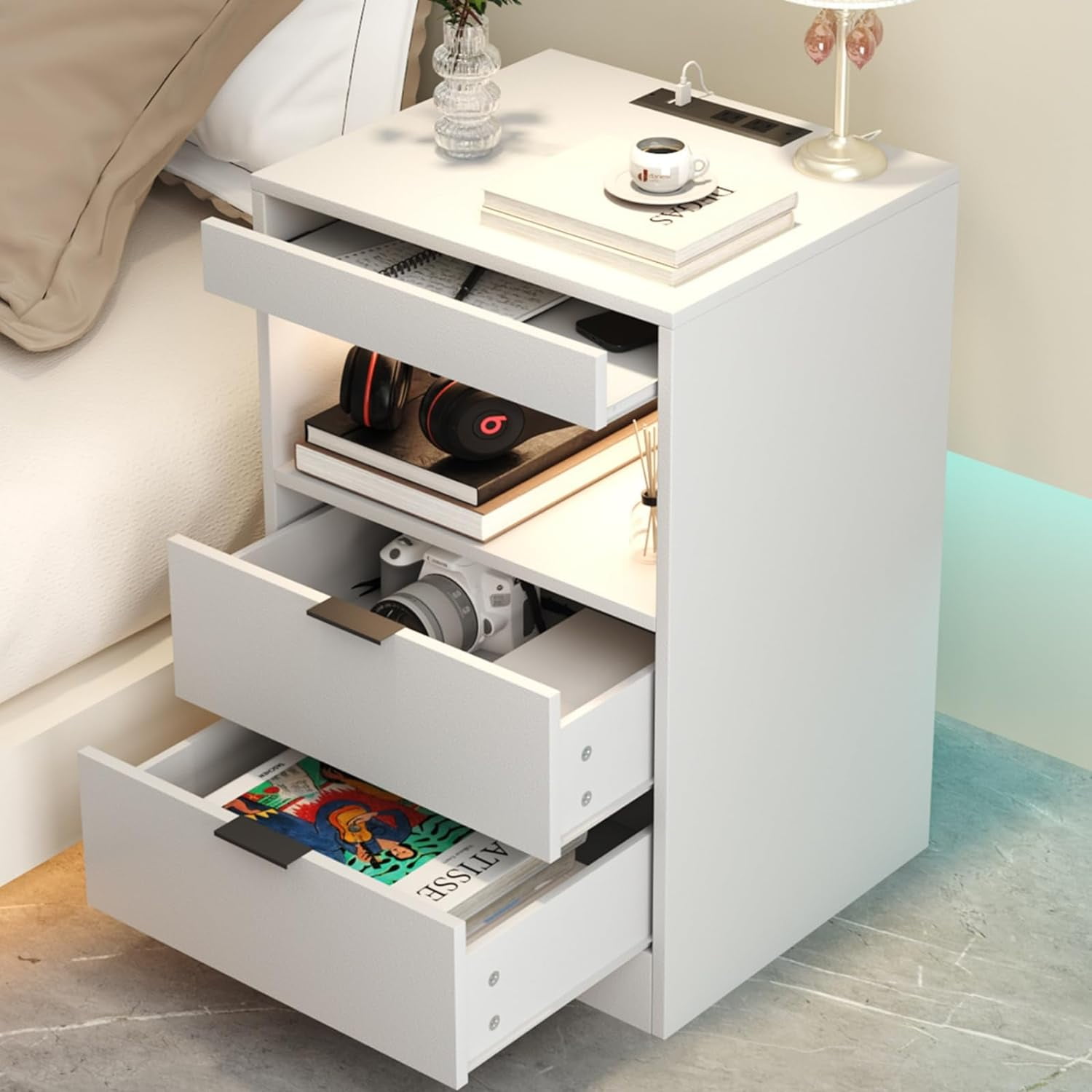 HJING LED Nightstand with Charging Station, Bedside Table with 3 ...