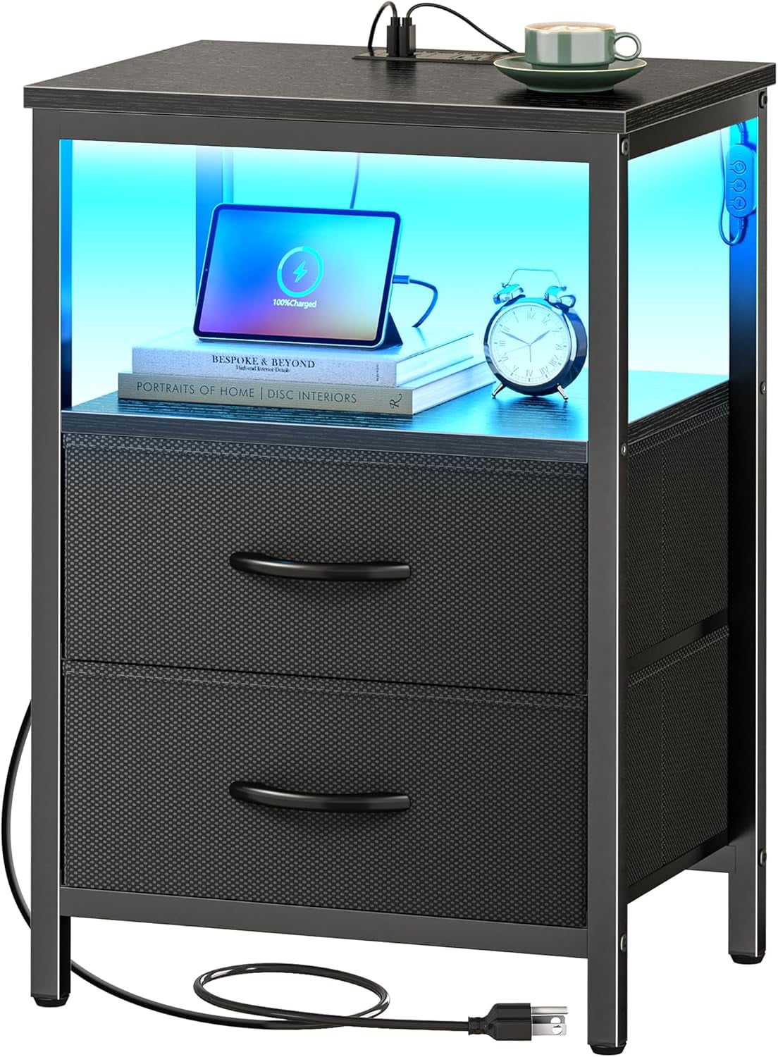 HJING Night Stand with Charger Station and LED Lights, 2 Drawer ...