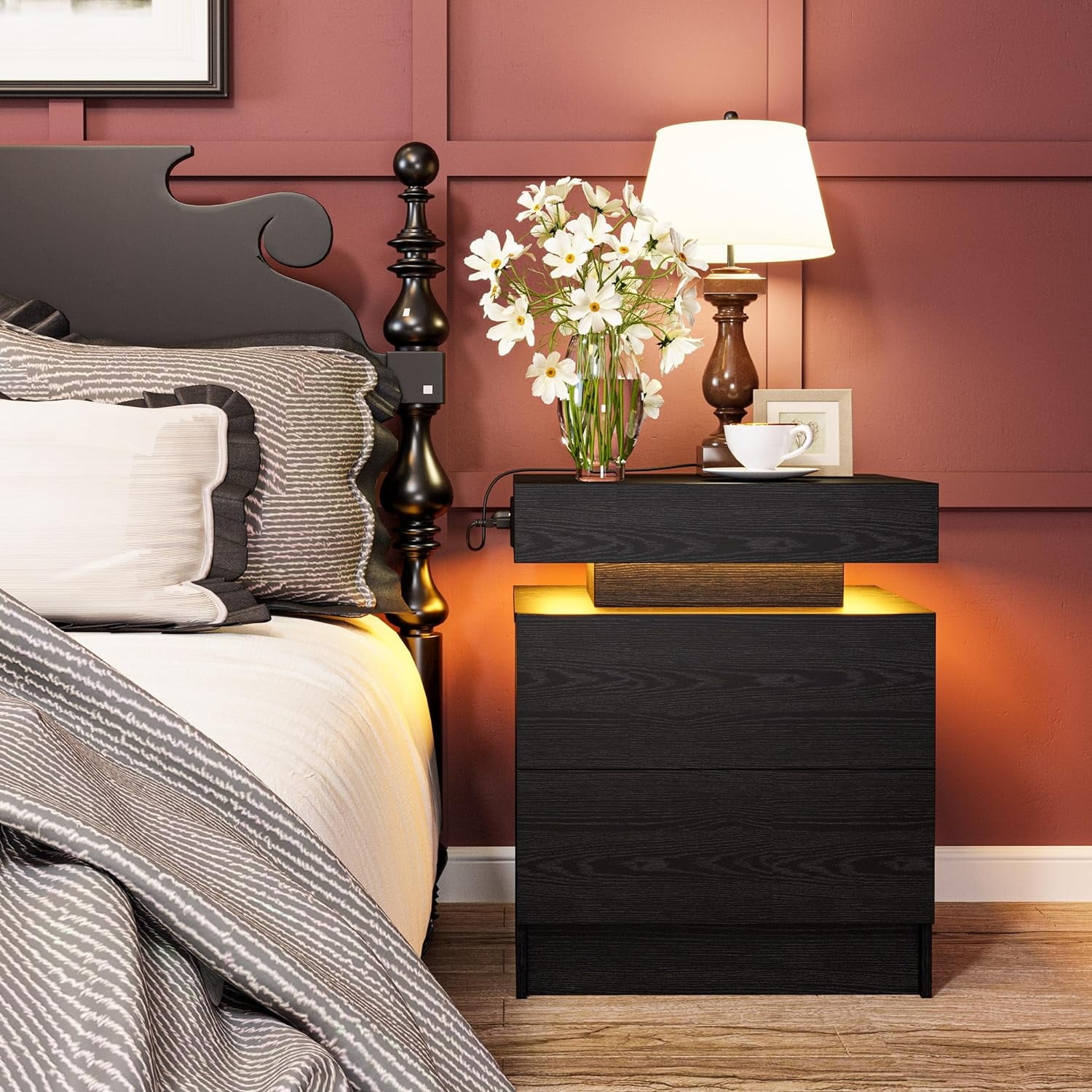 HJING Night Stand with Charging Station, Modern Black Nightstand with ...