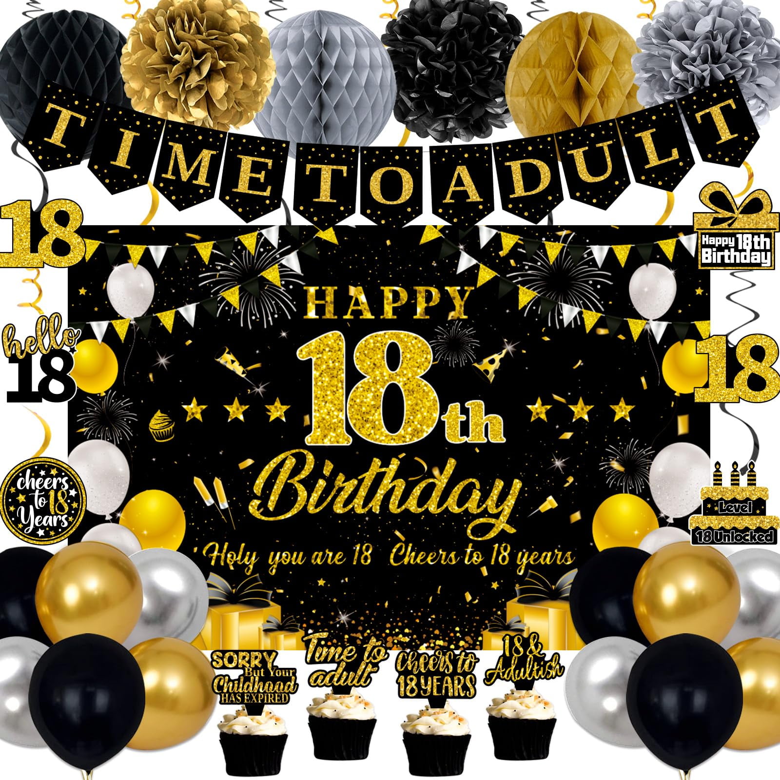 HJINGY 18th Birthday for Girls, AFN1Rose Gold Include Balloons, Backdrop, Curtains, Banner, Sash ...