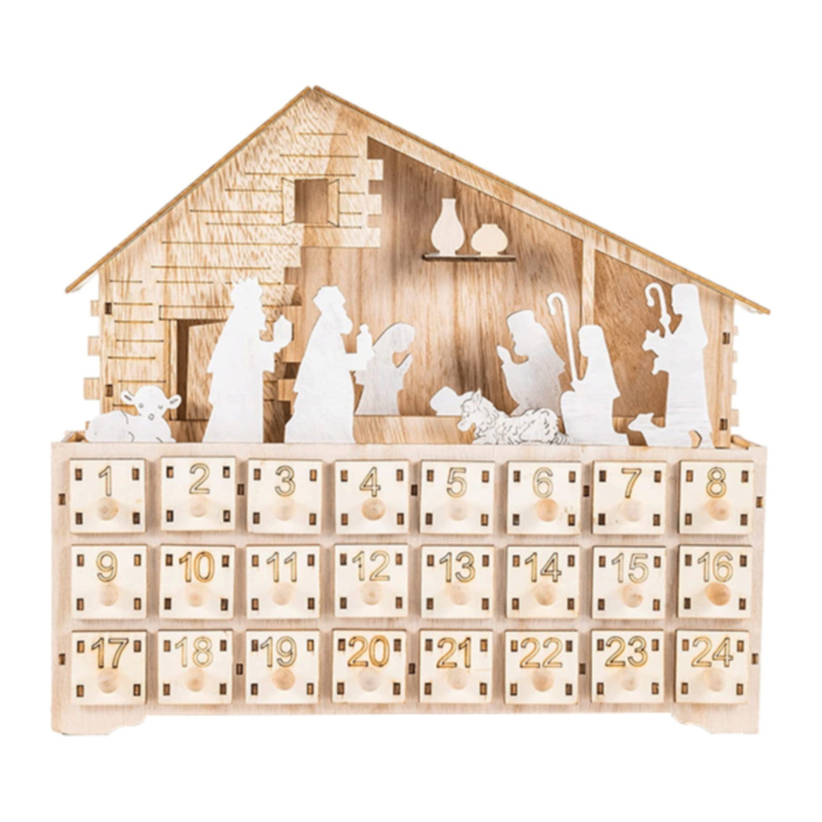 HJQEQVD Christmas Wooden Advent Calendar House With 24 Drawers Wooden ...