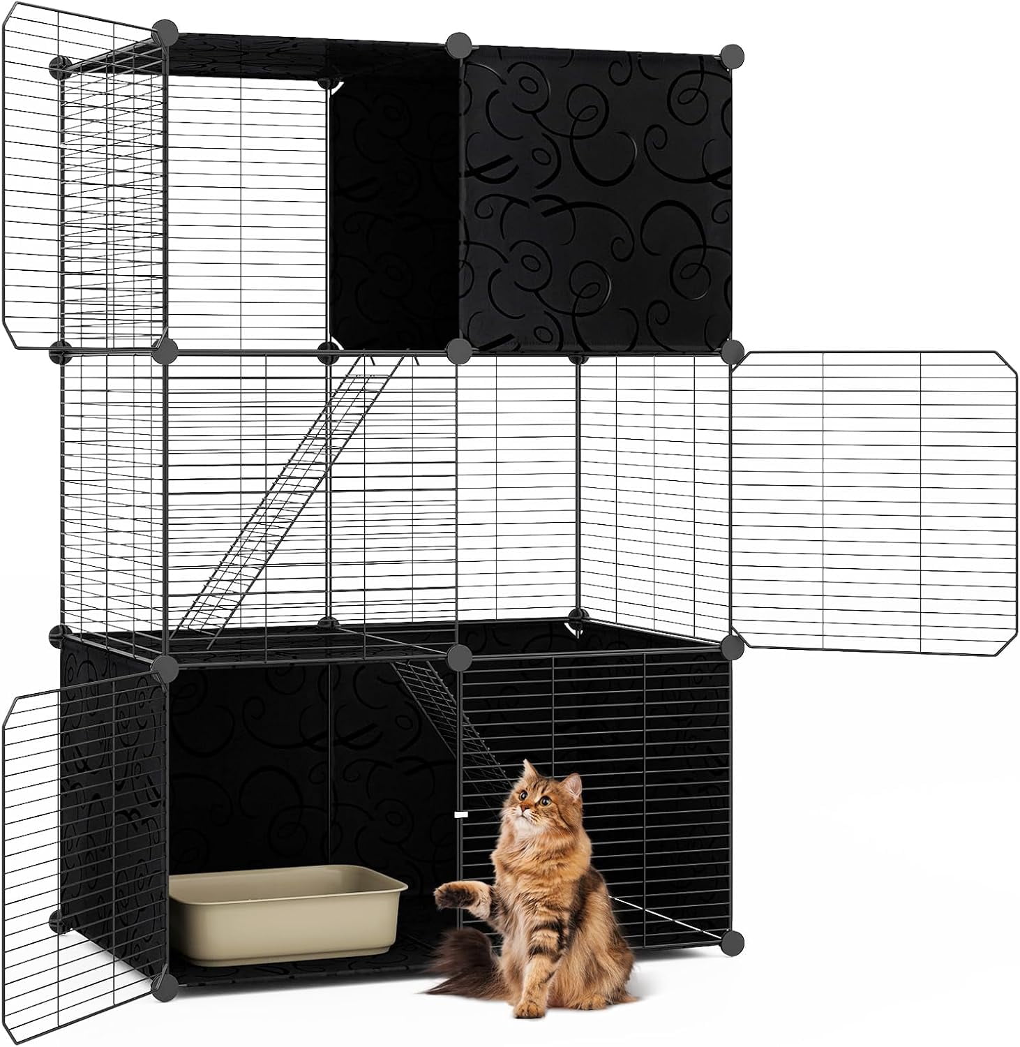 HJTER Cat Cages Indoor, 3-Tier DIY Cat Enclosure with 2 Ladders ...
