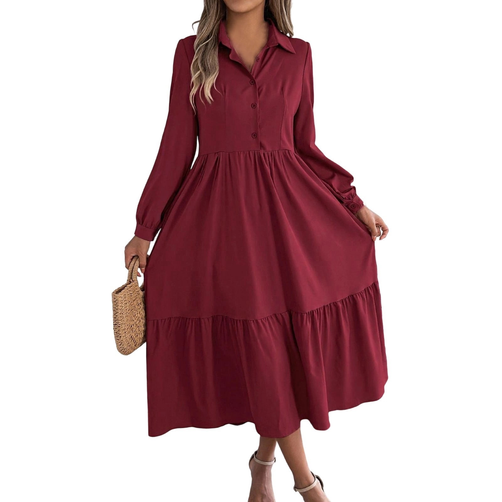 HJYCHN Elegant Lapel Collar Long Sleeve Shirt Dress Featuring Ruffles ...