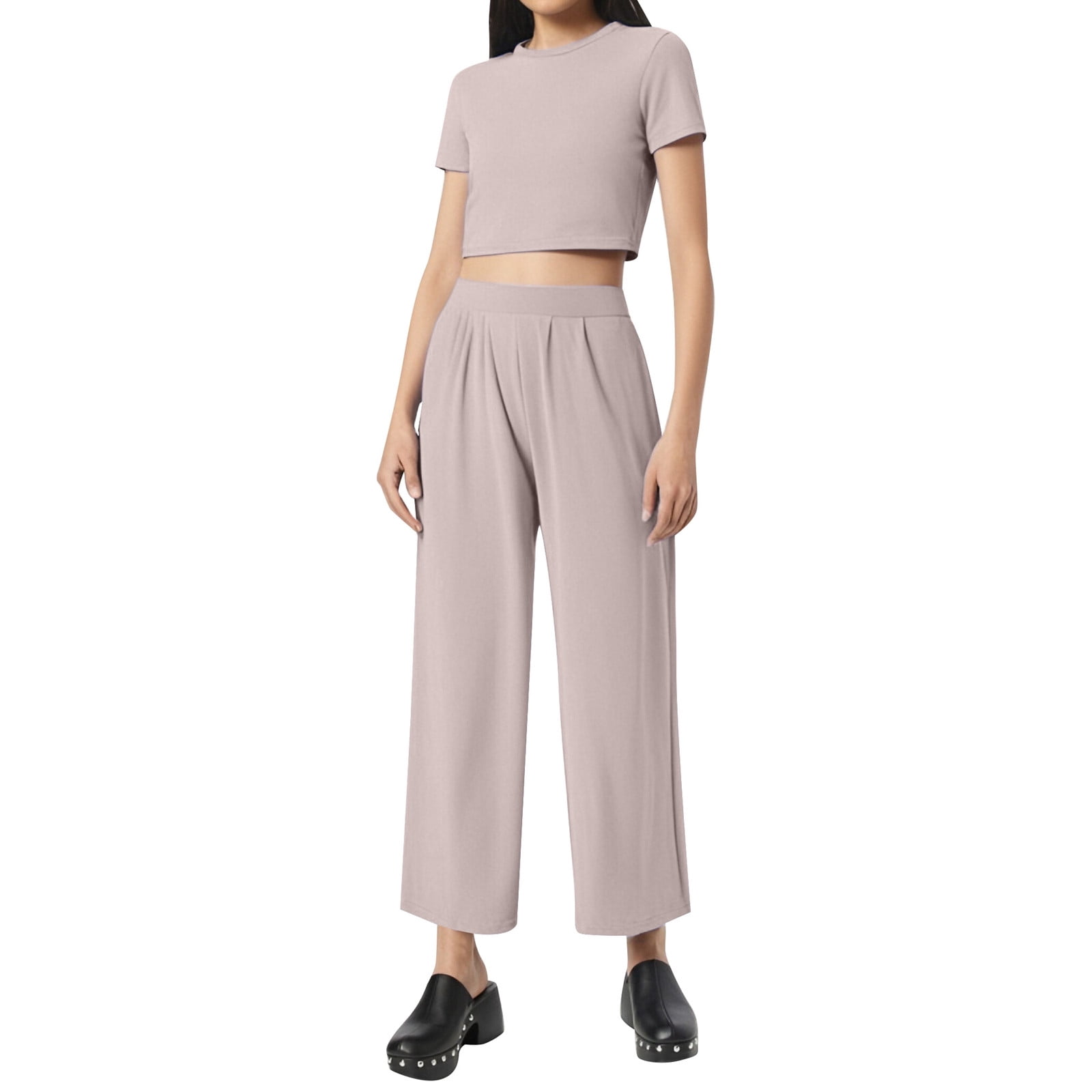 HJYCHN Women Outfit 2 Piece Sets with Bodycon Crop Top and Loose Wide ...